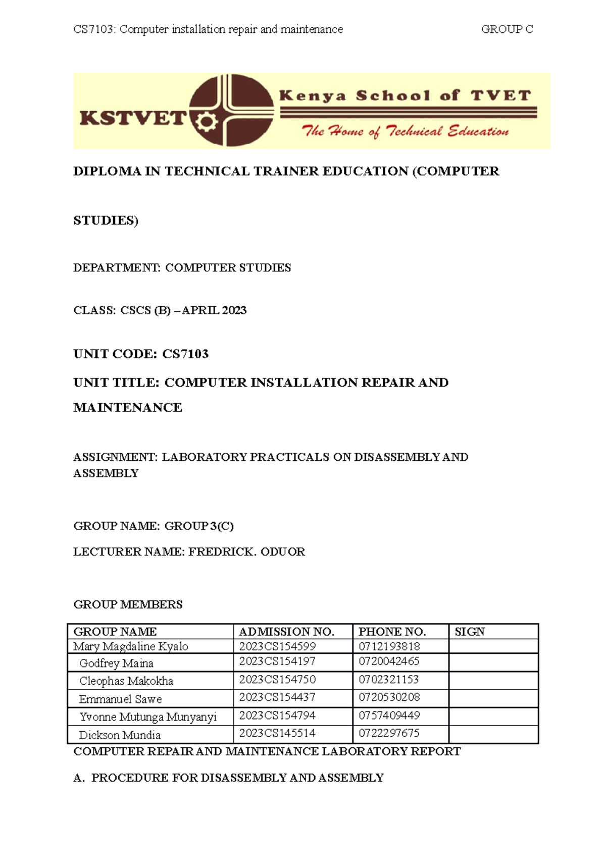 Computer repair and maintenance laboratory report - DIPLOMA IN TECHNICAL TRAINER EDUCATION ...