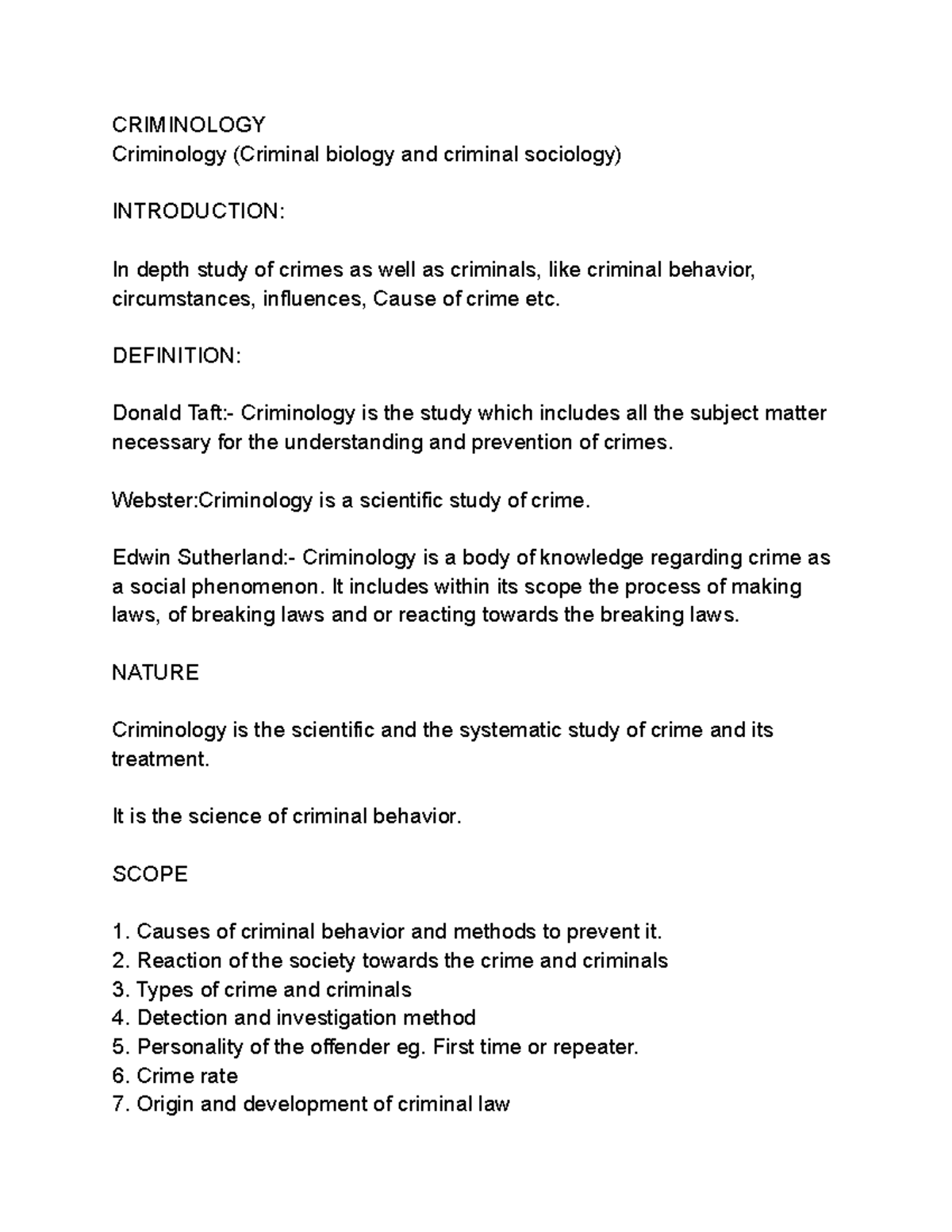 Introduction to Criminology - CRIMINOLOGY Criminology (Criminal biology ...