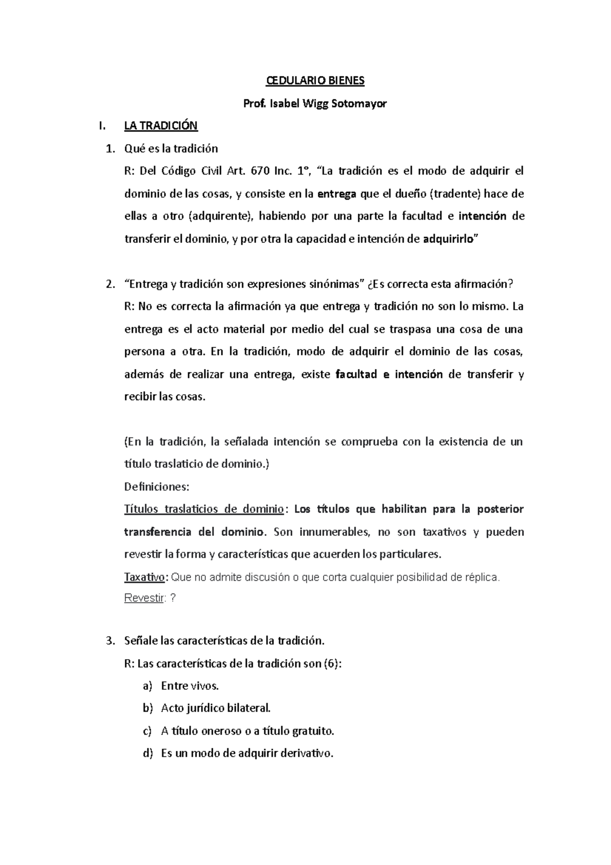 Cedulario+ Bienes - CEDULARIO BIENES Prof. Isabel Wigg Sotomayor I. LA ...