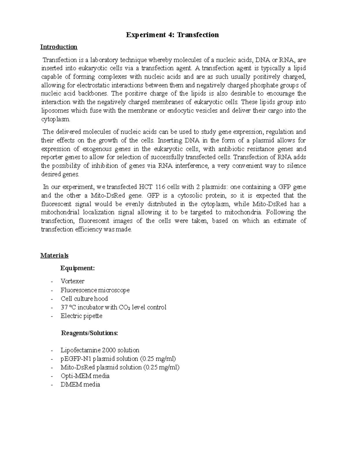BIOL 533 Lab Report 4 - Transfection - Experiment 4: Transfection ...