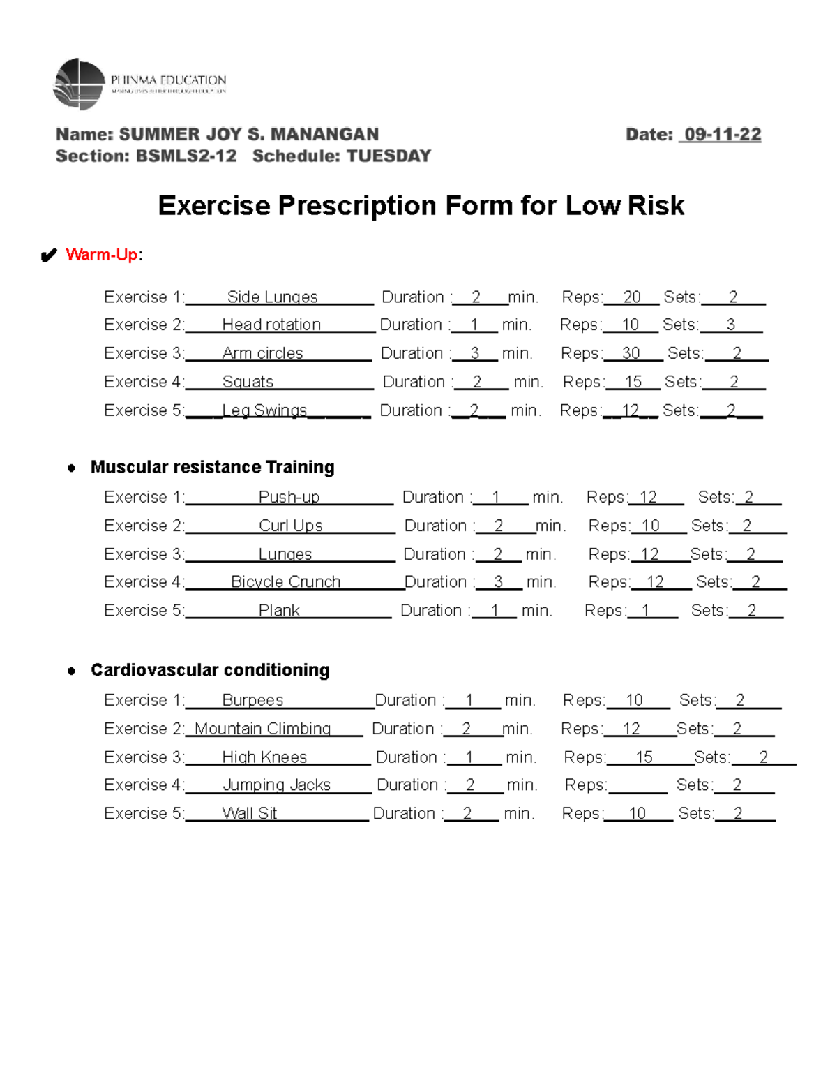 Activity 1, LOW RISK- Group 1 - Exercise Prescription Form for Low Risk ...