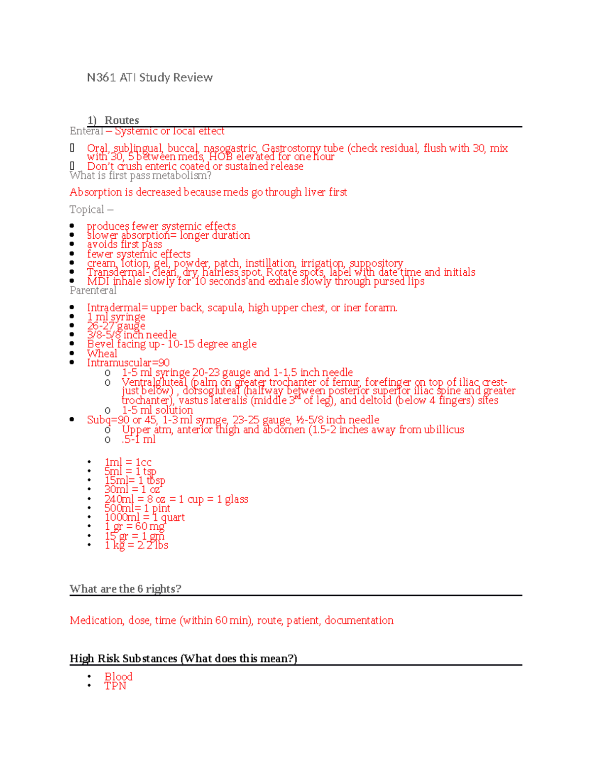 N361 ATI Study guide - 1) Routes Enteral – Systemic or local effect ...