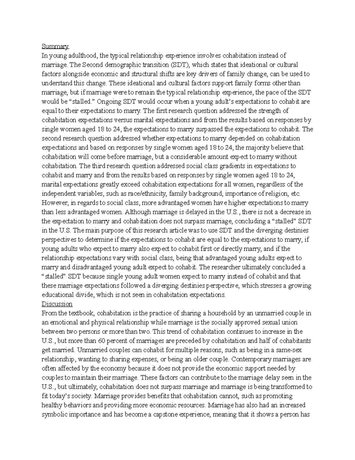 Cohabitation and Marital Expectations Among Single Millenials - Summary ...