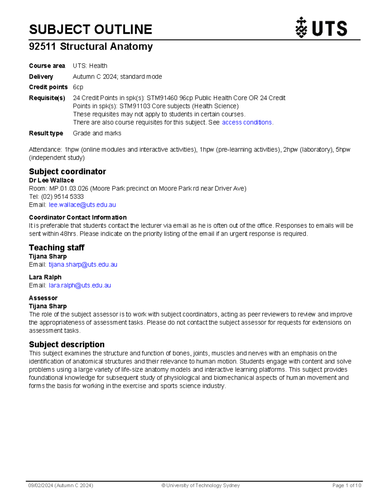 Structural anatomy subject outline - SUBJECT OUTLINE 92511 Structural ...