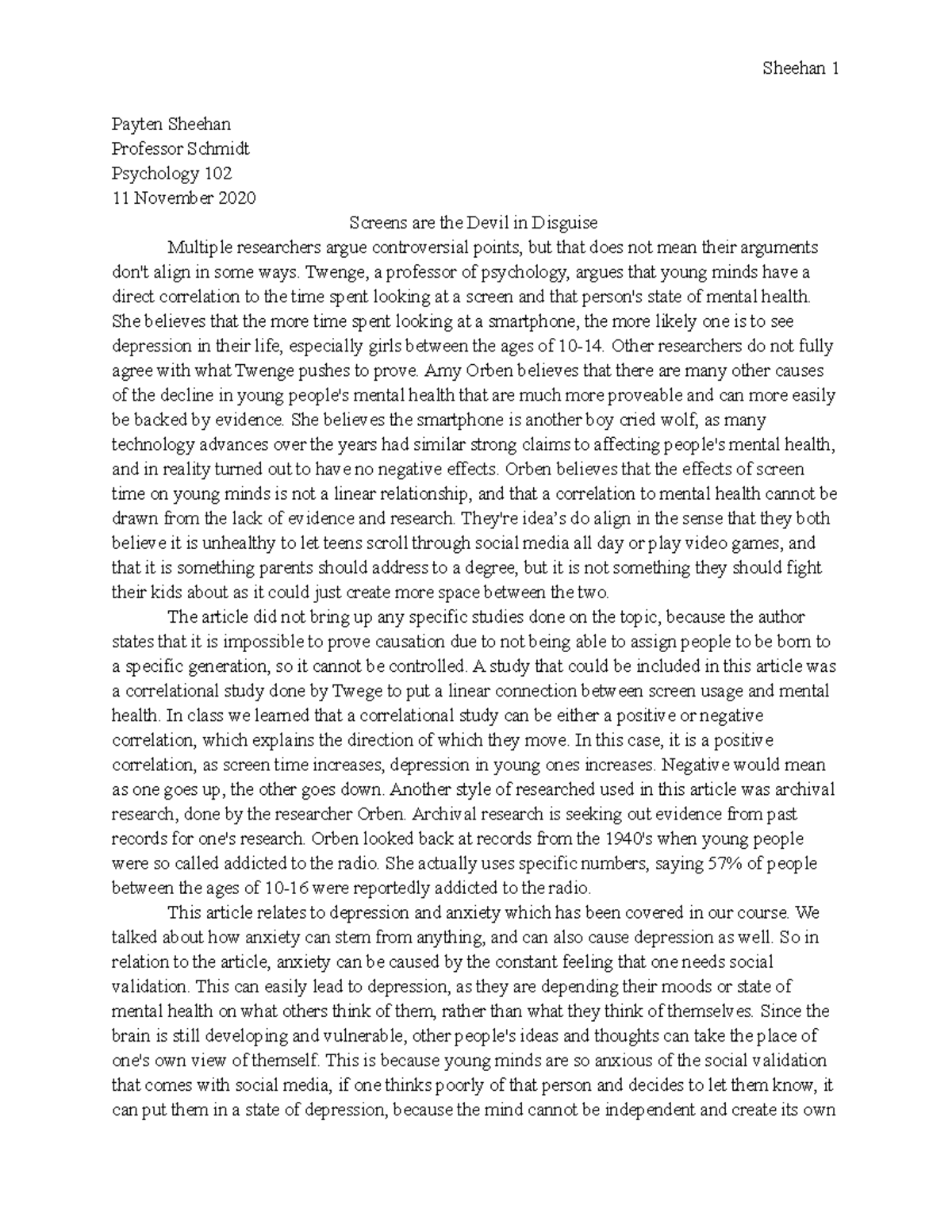 Psych paper article summary 4 - Sheehan 1 Payten Sheehan Professor ...