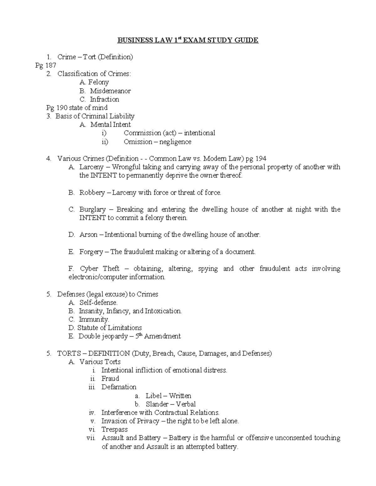 BIZ LAW - 1ST EXAM Study Guide - BUSINESS LAW 1st EXAM STUDY GUIDE ...