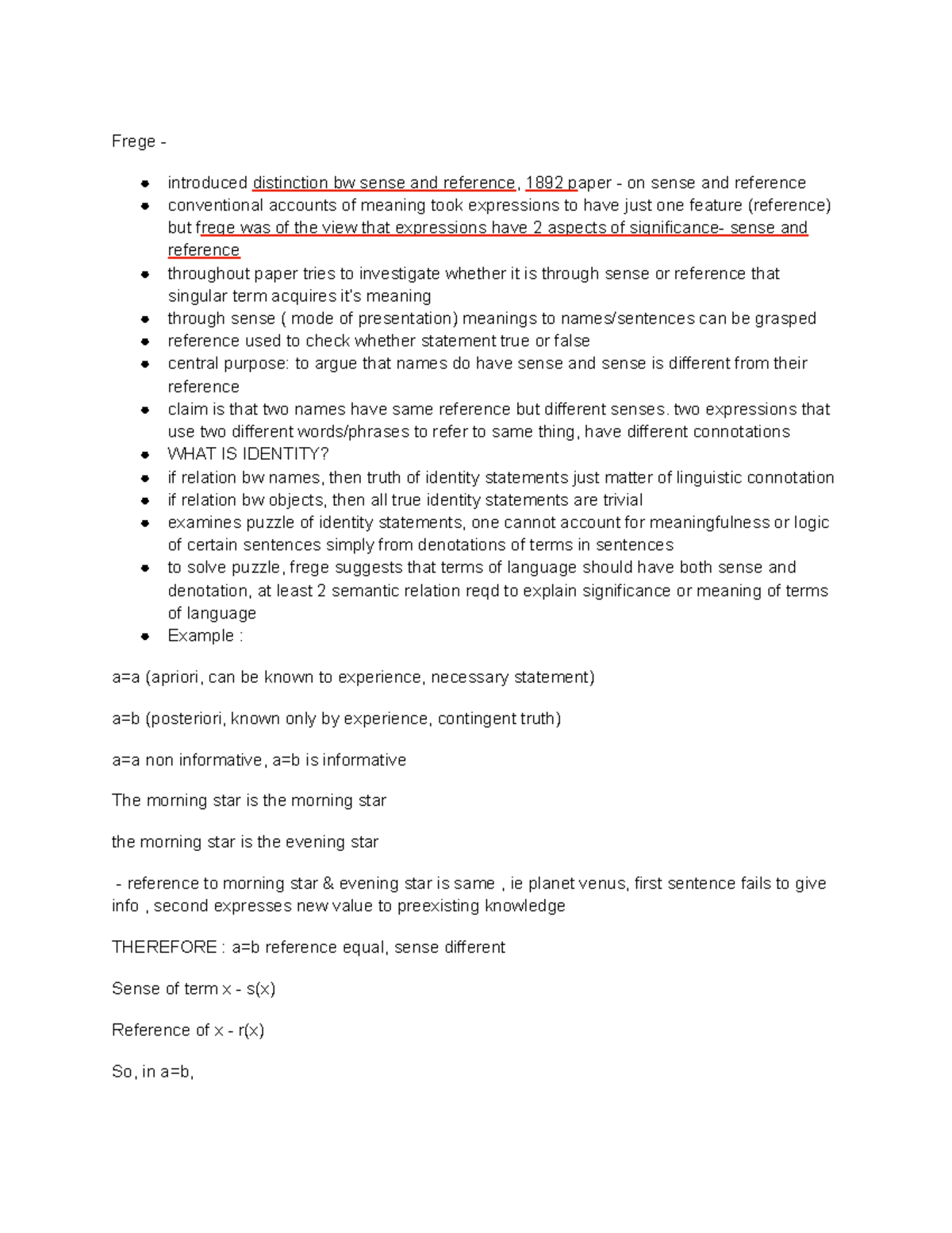 Frege sense and reference - Frege - introduced distinction bw sense and ...