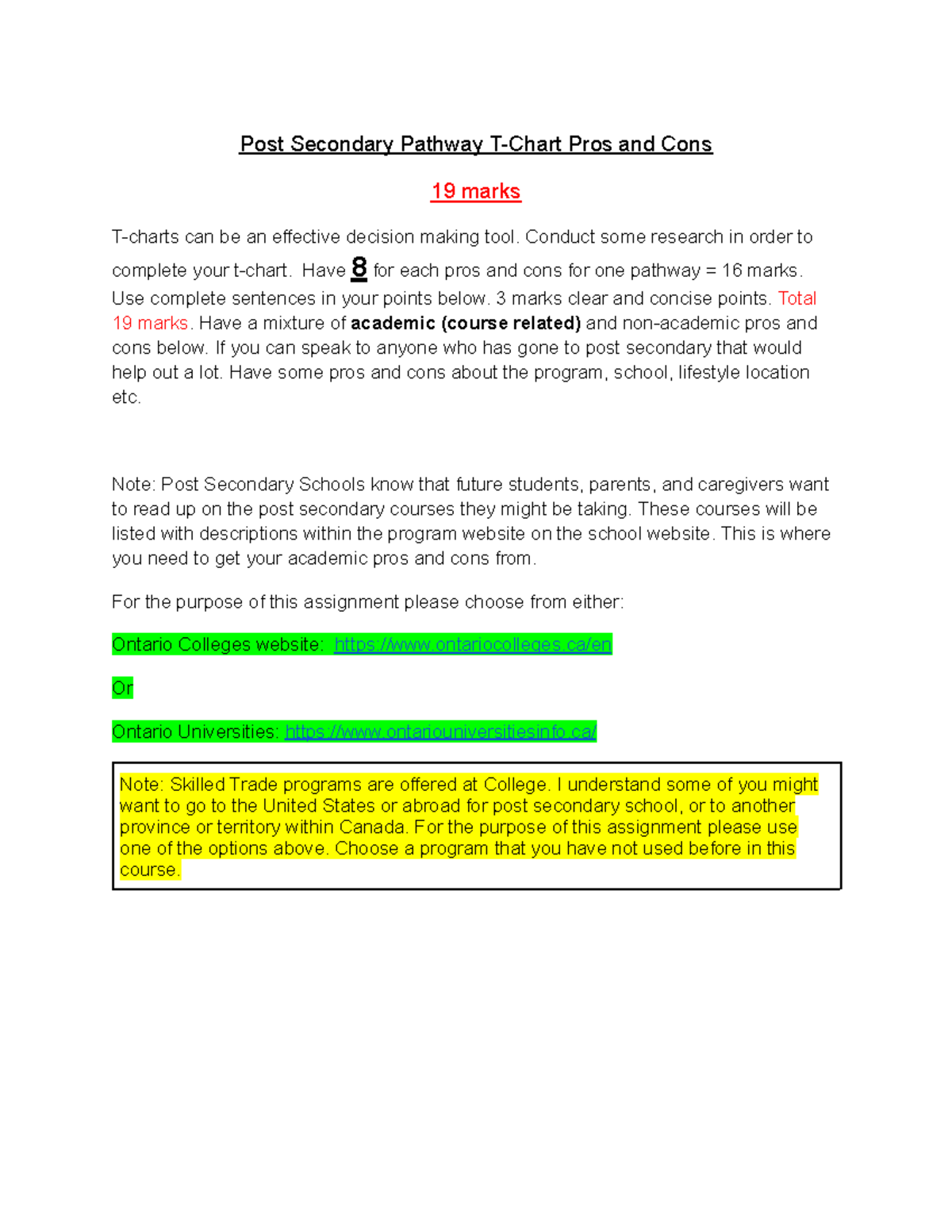 Copy of GLC2O1Pathway Option T-Chart Pros and Cons - Post Secondary ...