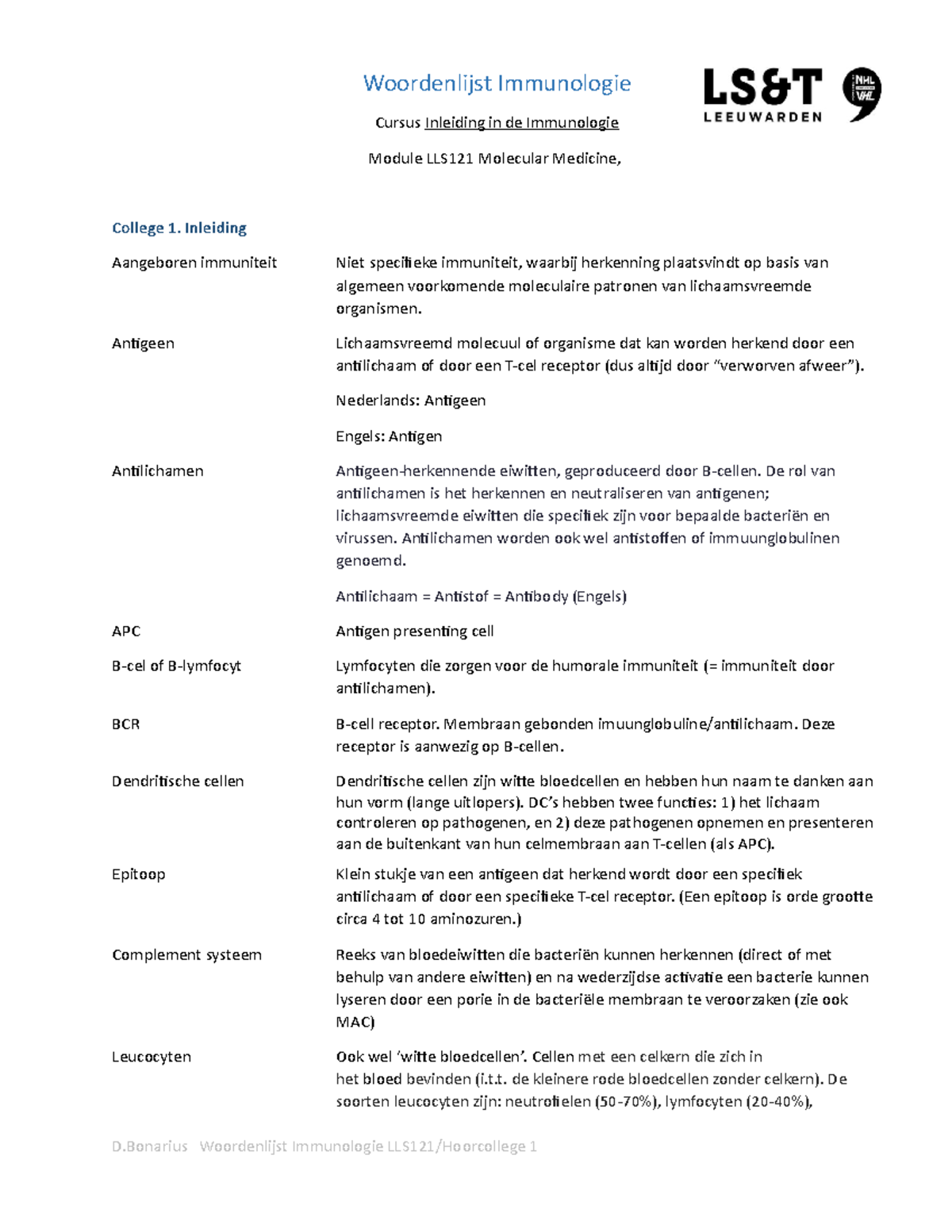 Woordenlijst Immunologie LLS121 colleges 1-4 - Woordenlijst Immunologie ...
