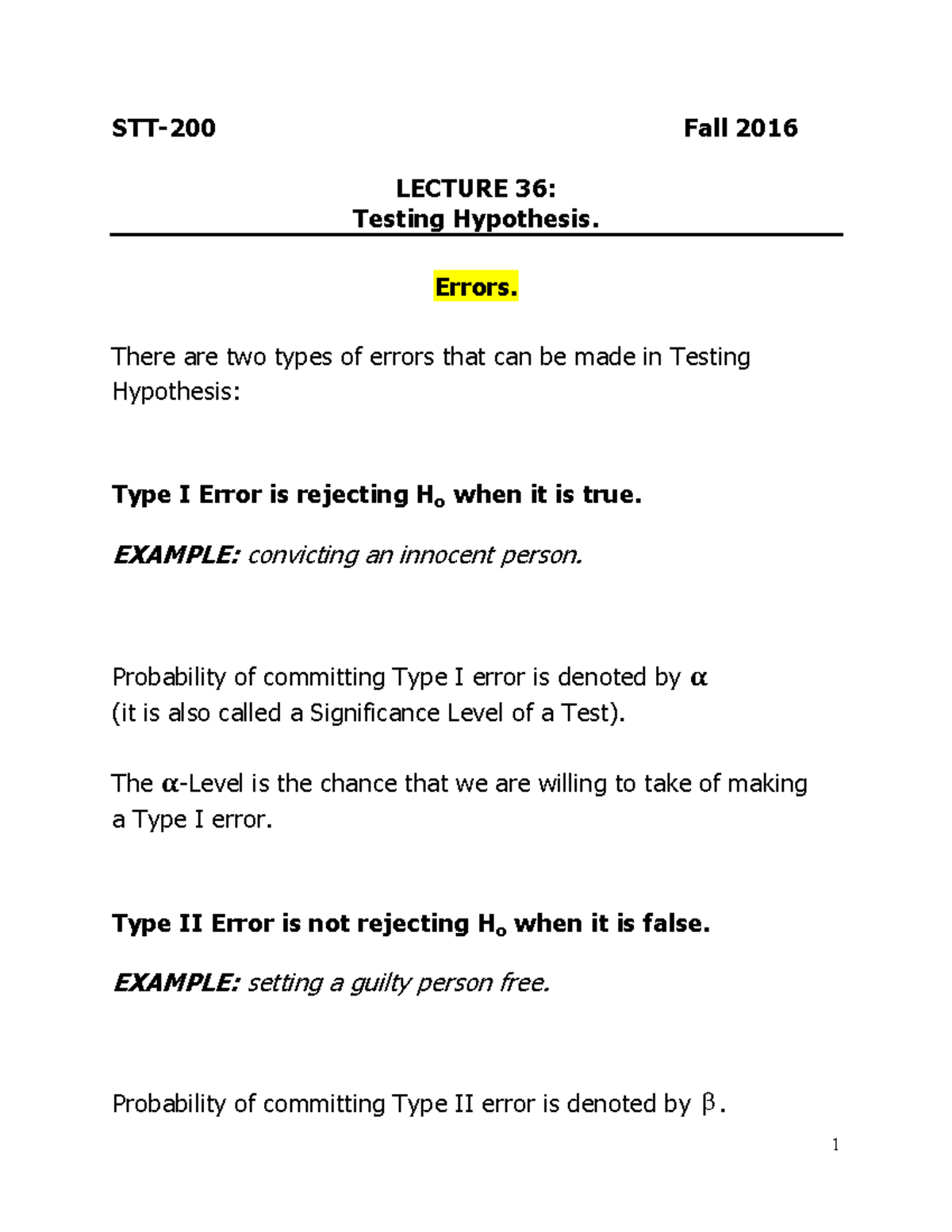 STT 200 Lecture 36 - STT-200 Fall 2016 LECTURE 36: Testing Hypothesis ...