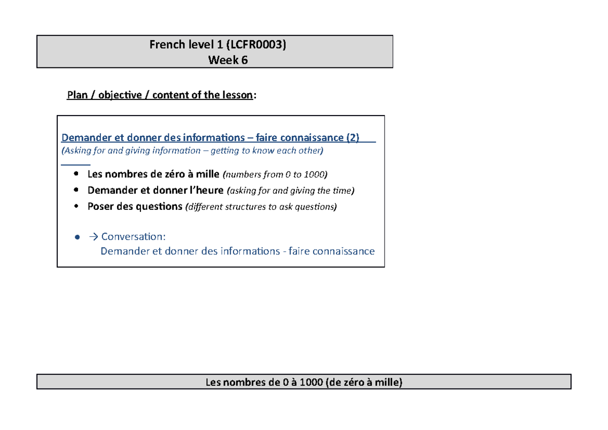Handouts week 6 - jorge - French level 1 (LCFR0003) Week 6 Plan ...