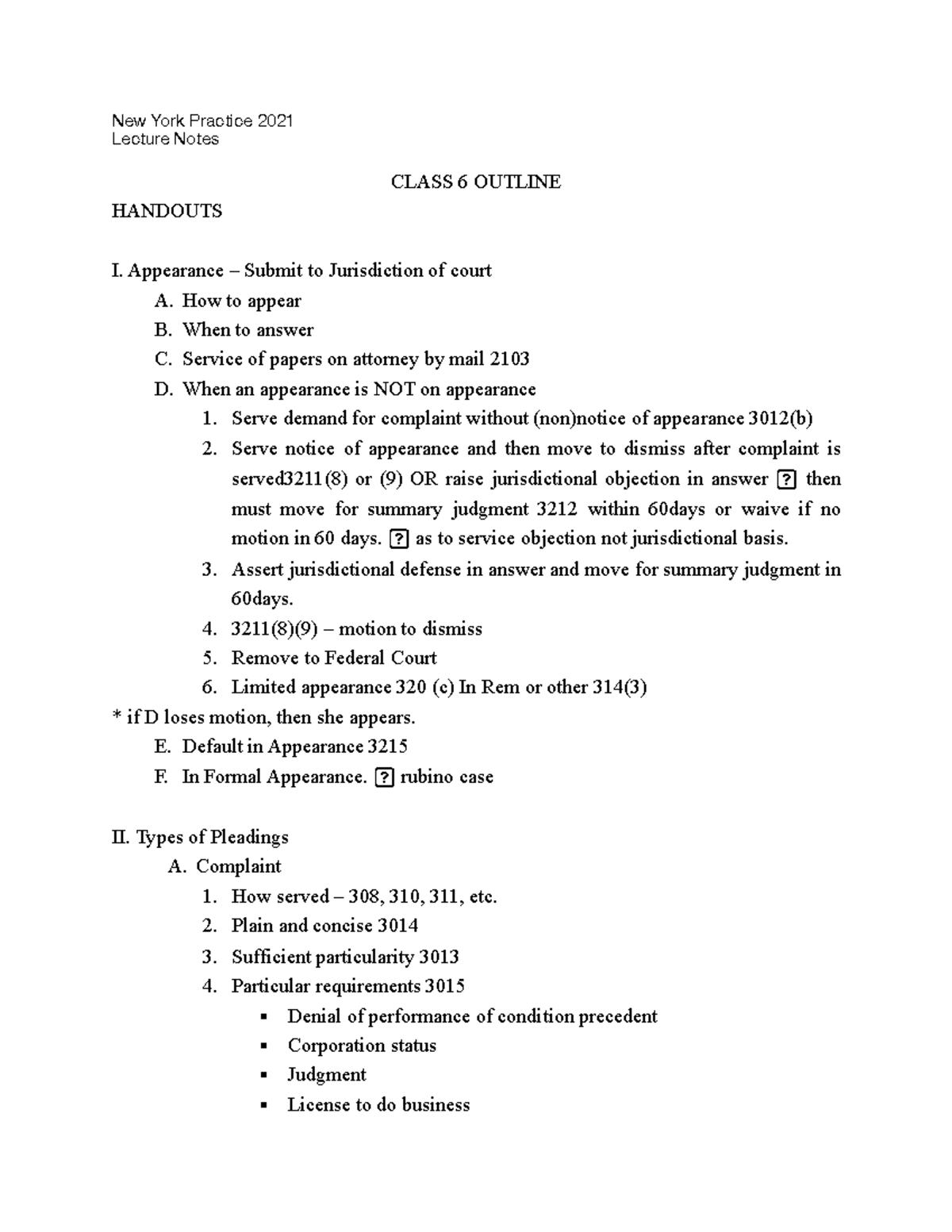 Class 6 Outline - Lecture notes 6 - New York Practice 2021 Lecture ...