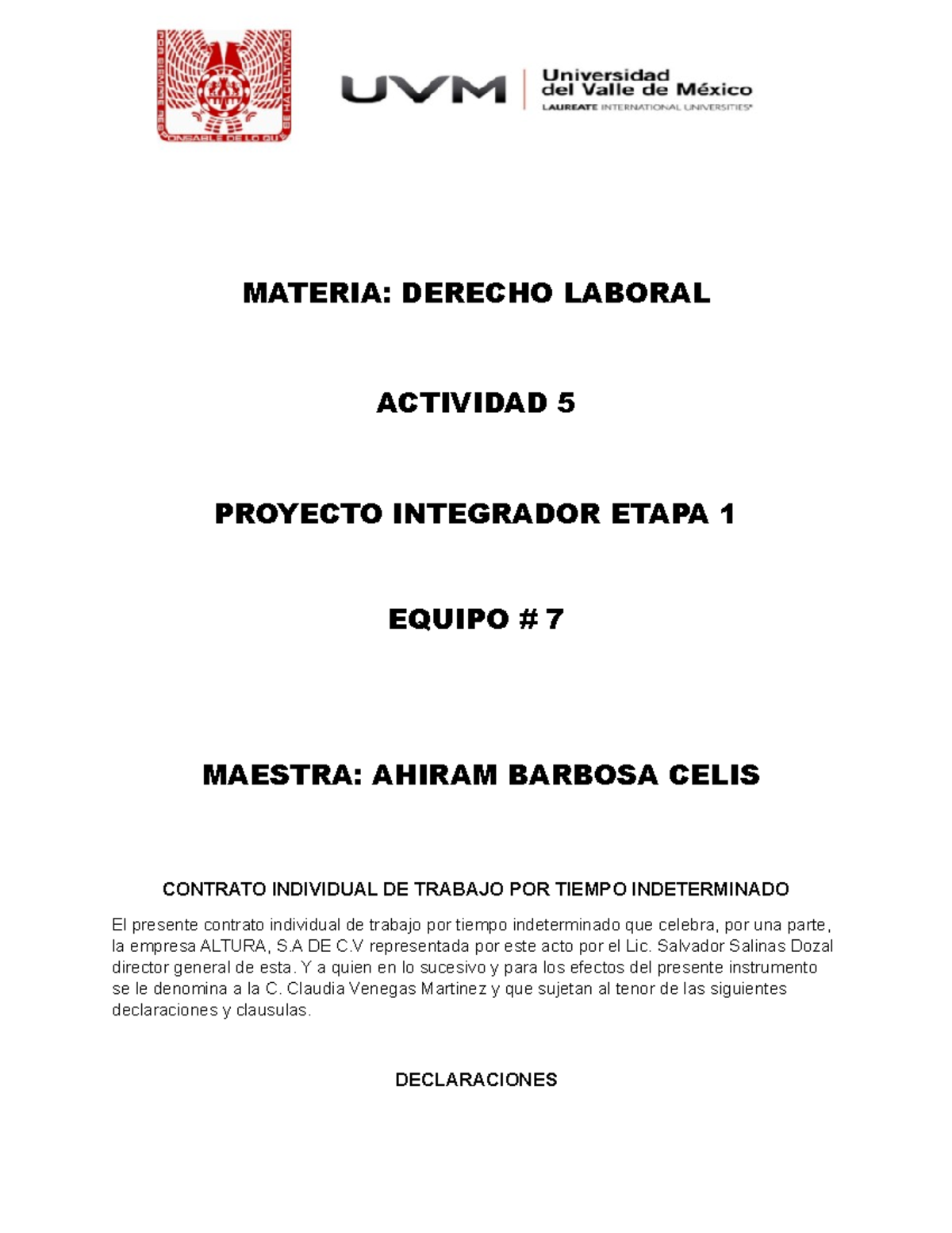 A5 derecho laboral - MATERIA: DERECHO LABORAL ACTIVIDAD 5 PROYECTO INTEGRADOR ETAPA 1 EQUIPO # 7 ...