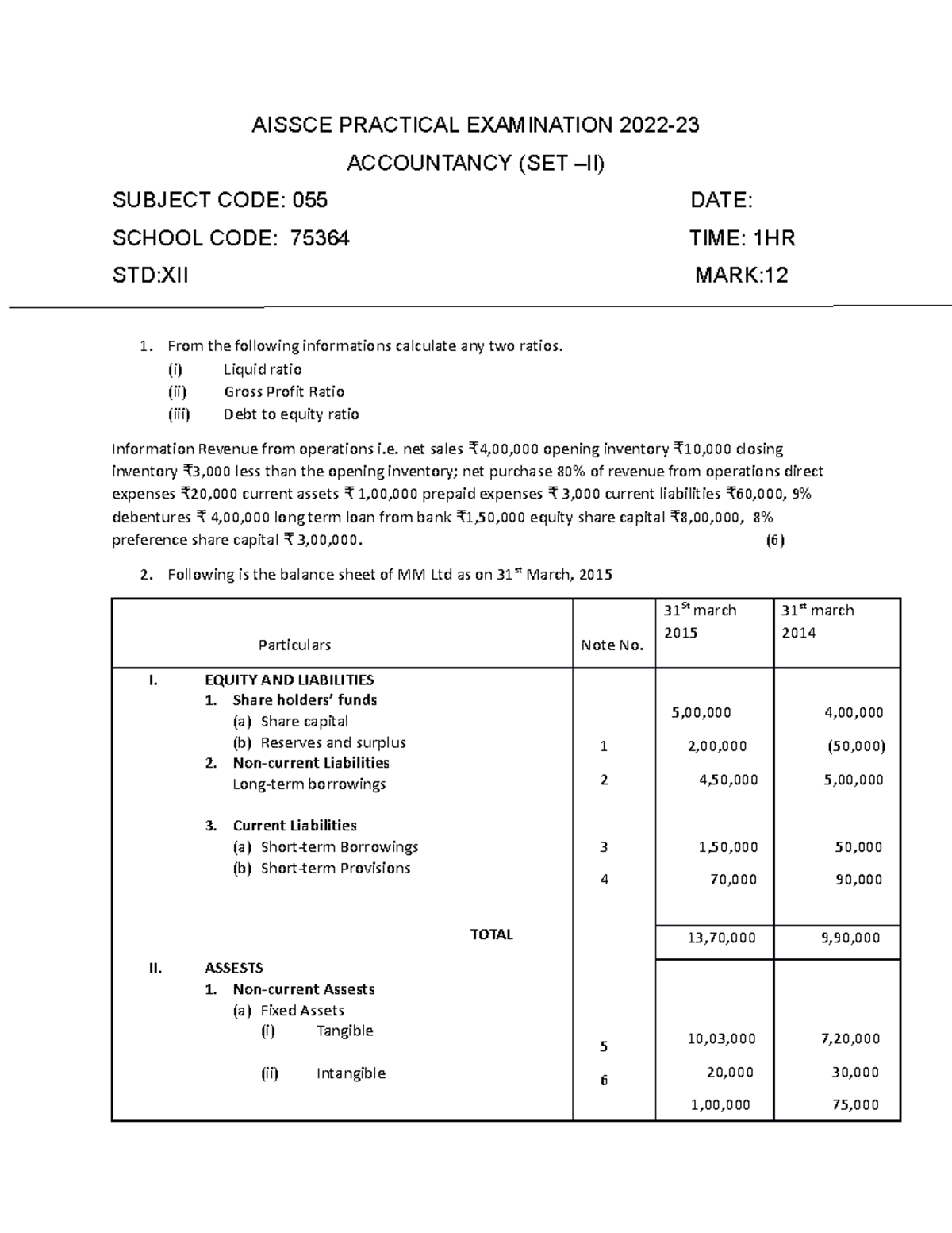 Accountancy SET II - guvv - AISSCE PRACTICAL EXAMINATION 2022 ...