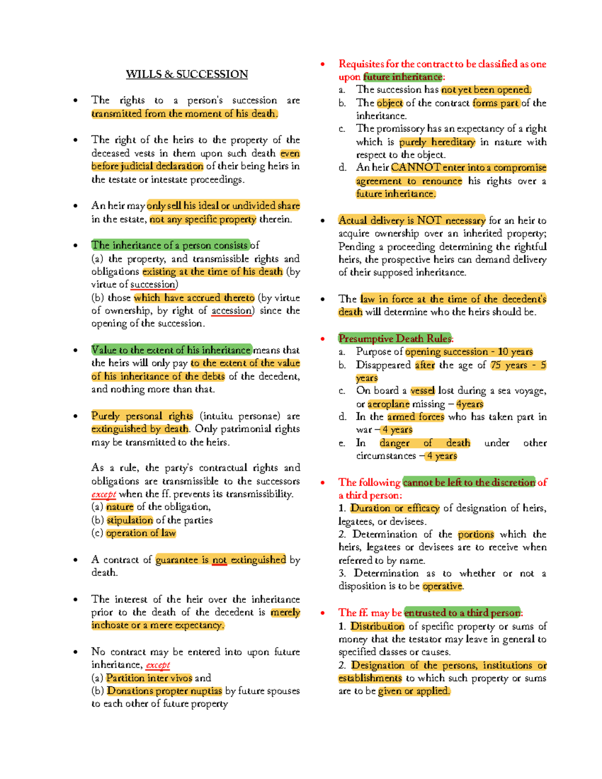 Notes - Wills - WILLS & SUCCESSION The rights to a person’s succession ...