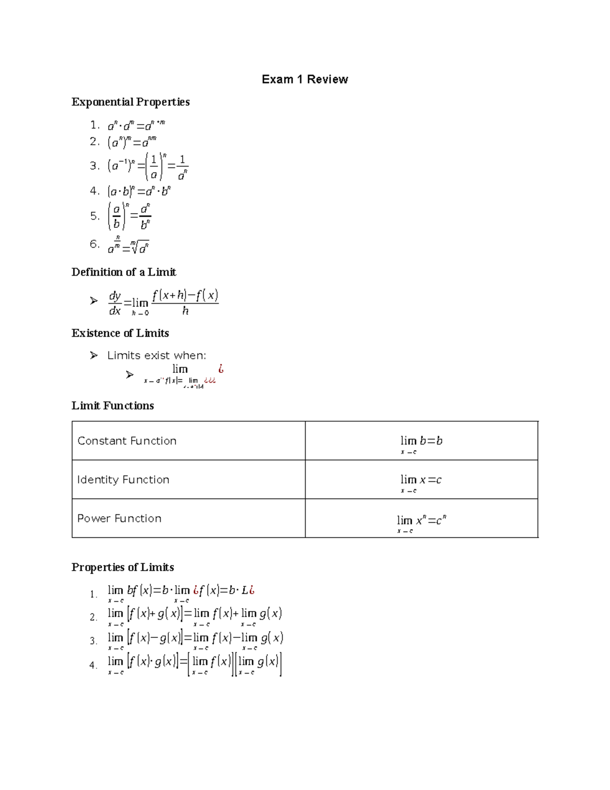 Formula List EXAM 1 - Summary Differential Calculus - Exam 1 Review ...