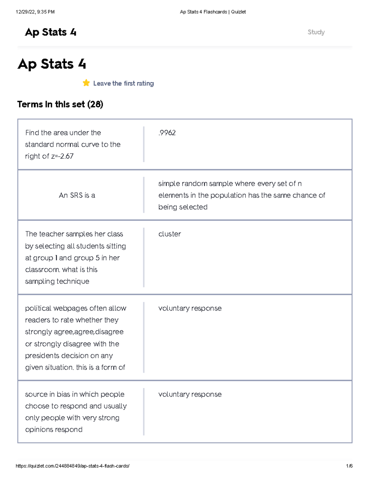 Sta632- mcqs - mid term mcqs - Ap Stats 4 Leave the first rating Terms ...