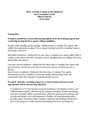 D353 Task One - Task addresses training needs in an organization ...