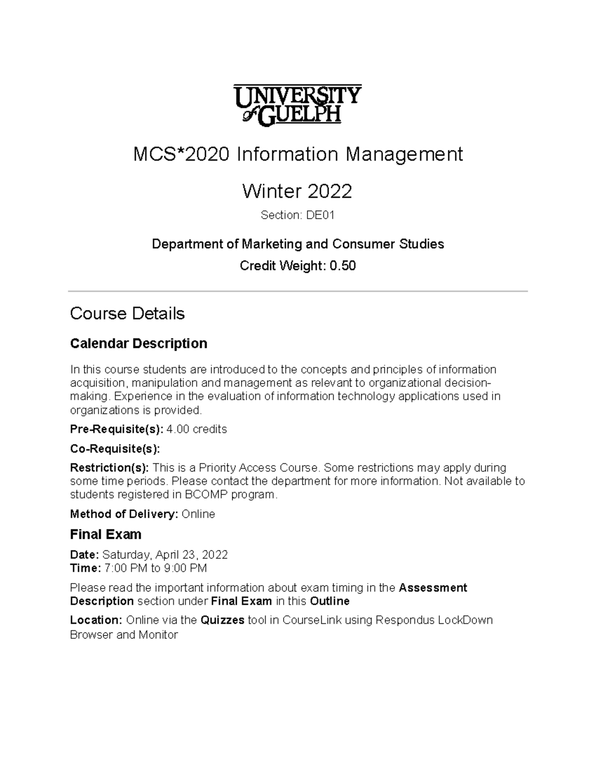 MCS Outline see everything about the cousre - MCS*2020 Information ...