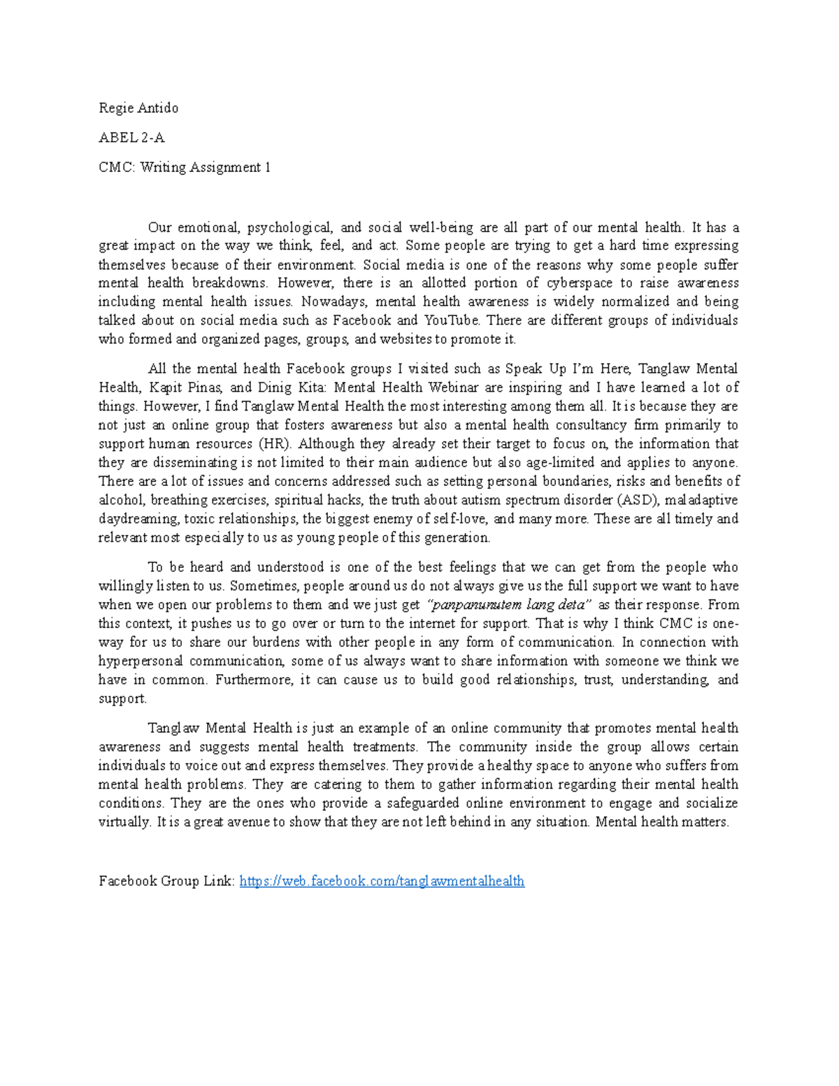 Writing Assignment 1 - Mental Health Awareness on Facebook - Regie ...