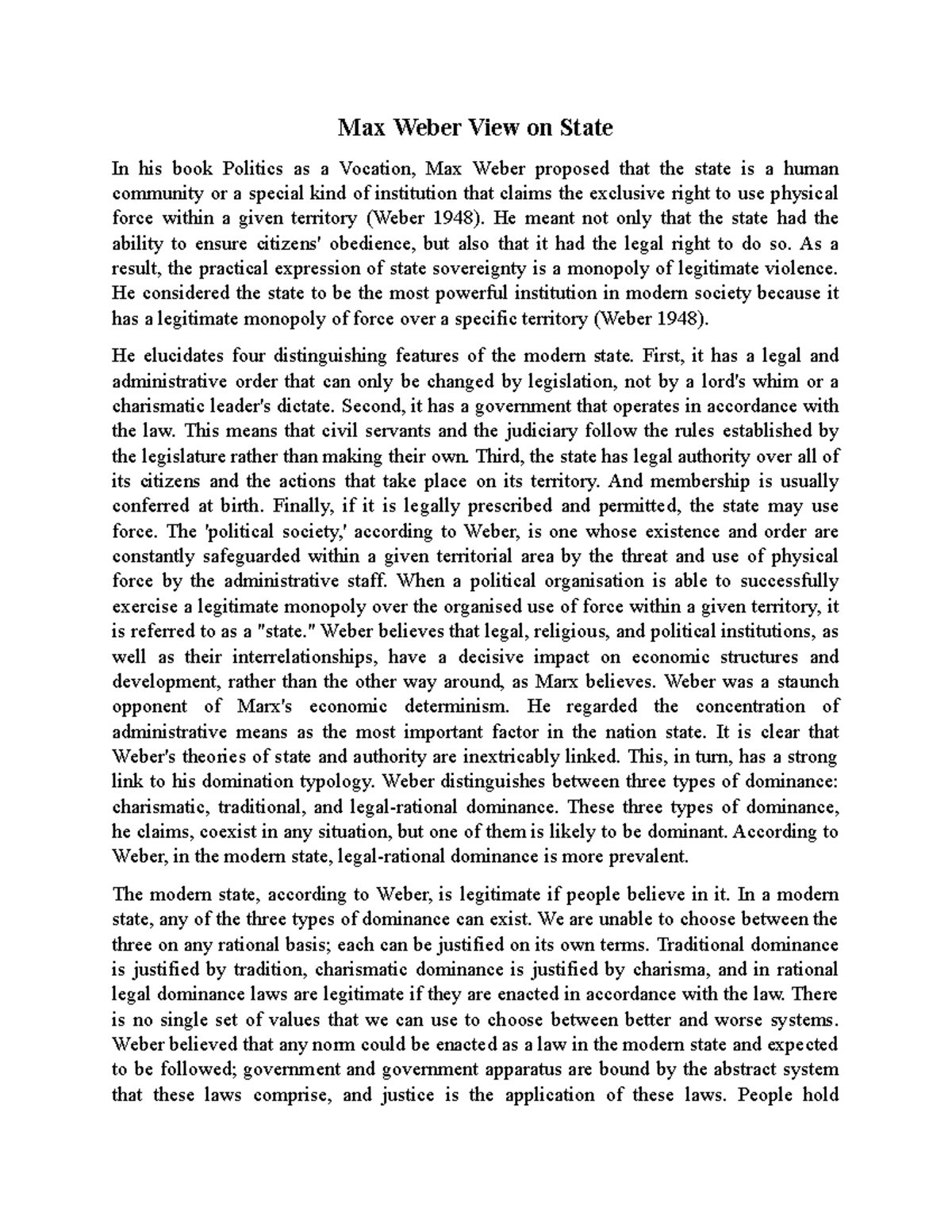 Max Weber View on State - Lecture notes 4 - Max Weber View on State In ...