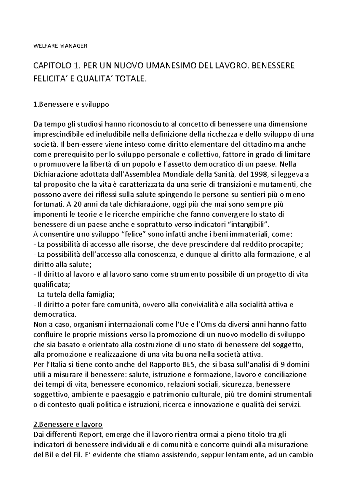 Welfare Manager - riassunto del libro - WELFARE MANAGER CAPITOLO 1. PER ...