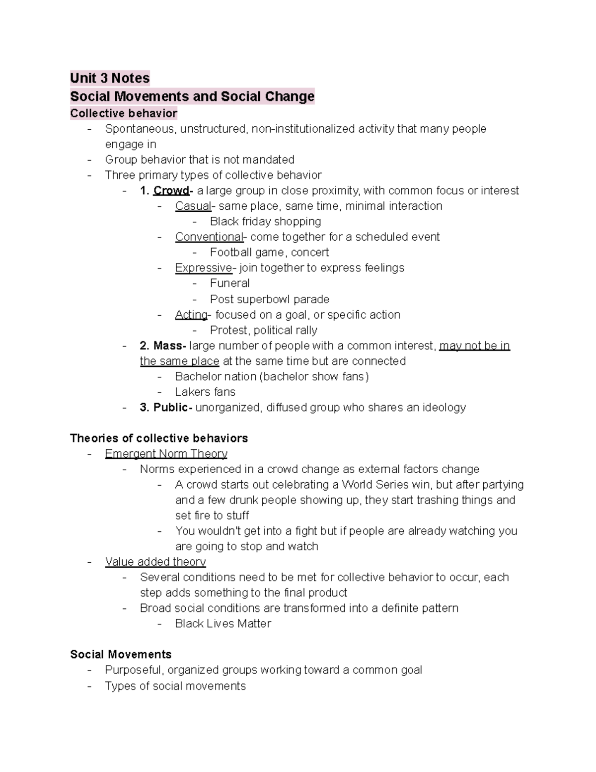 Soc unit 3 - Lecture notes for unit 3 - Unit 3 Notes Social Movements ...