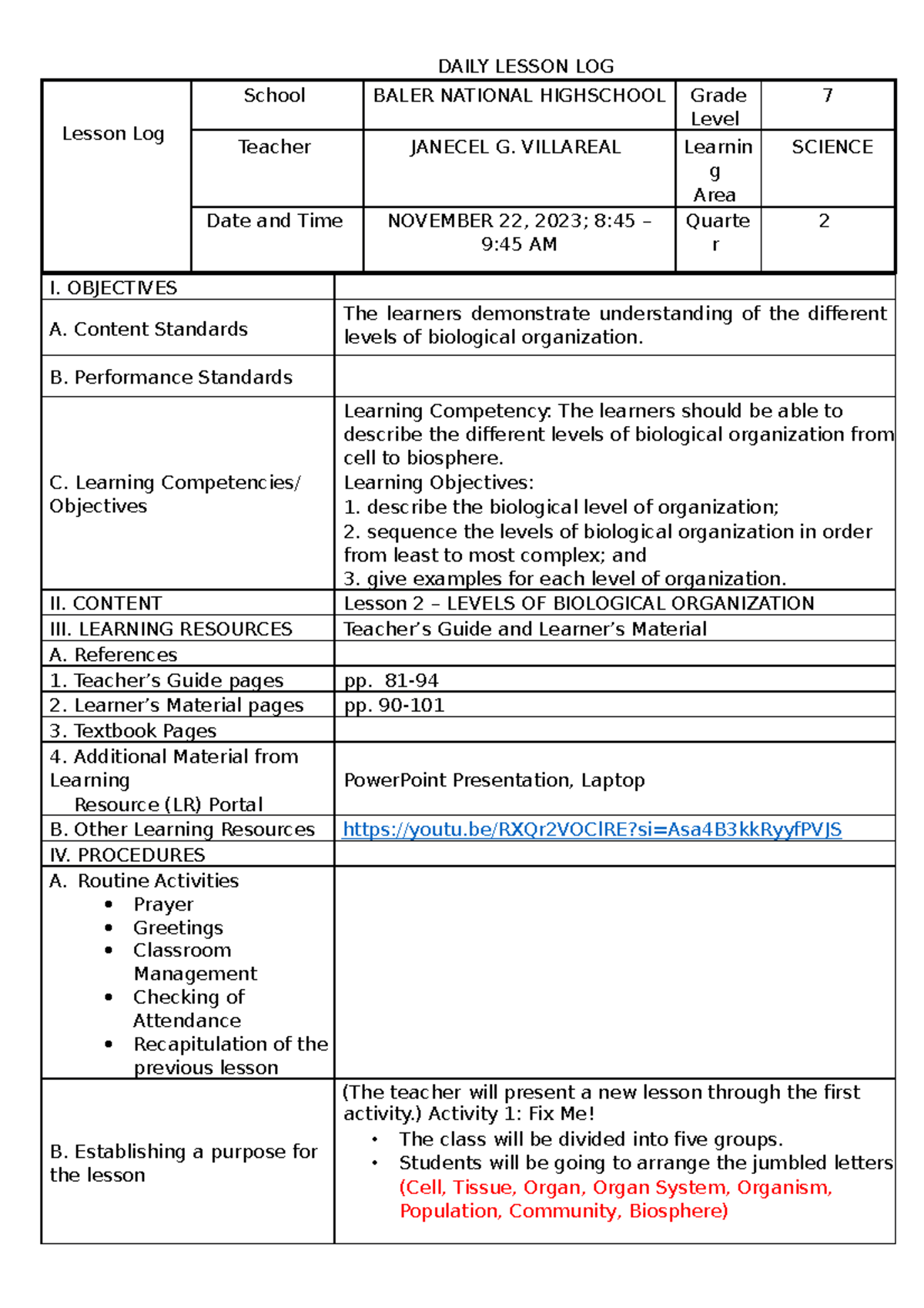 LP - n/a - DAILY LESSON LOG Lesson Log School BALER NATIONAL HIGHSCHOOL ...