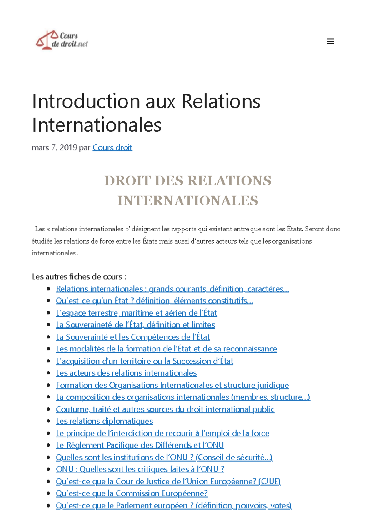 Introduction aux Relations Internationales [Fiches, Cours] - Introduction aux Relations - Studocu