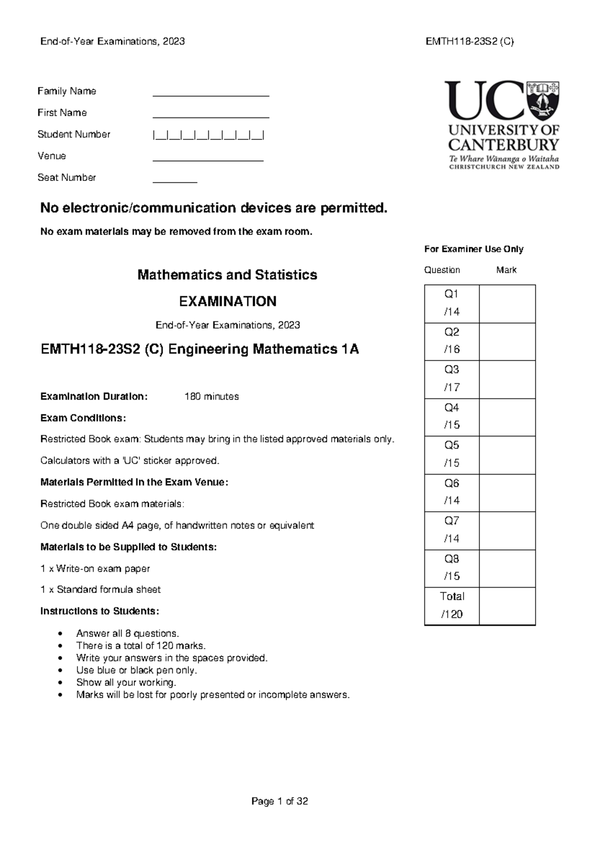 EMTH118-23S2 Exam questions - Page 1 of 32 No electronic/communication devices are permitted. No ...