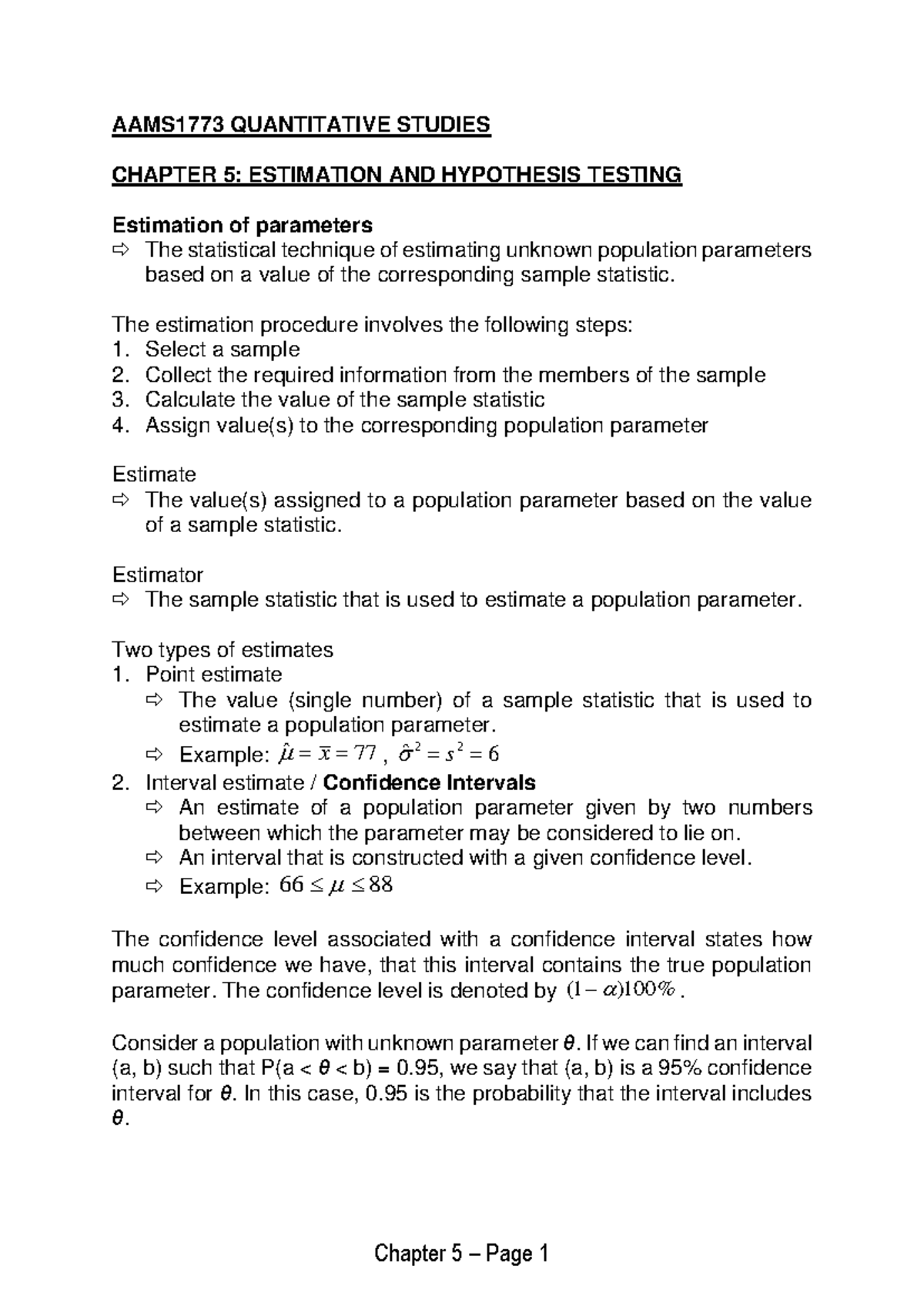 5 Estimation and Hypothesis Testing - AAMS1773 QUANTITATIVE STUDIES ...