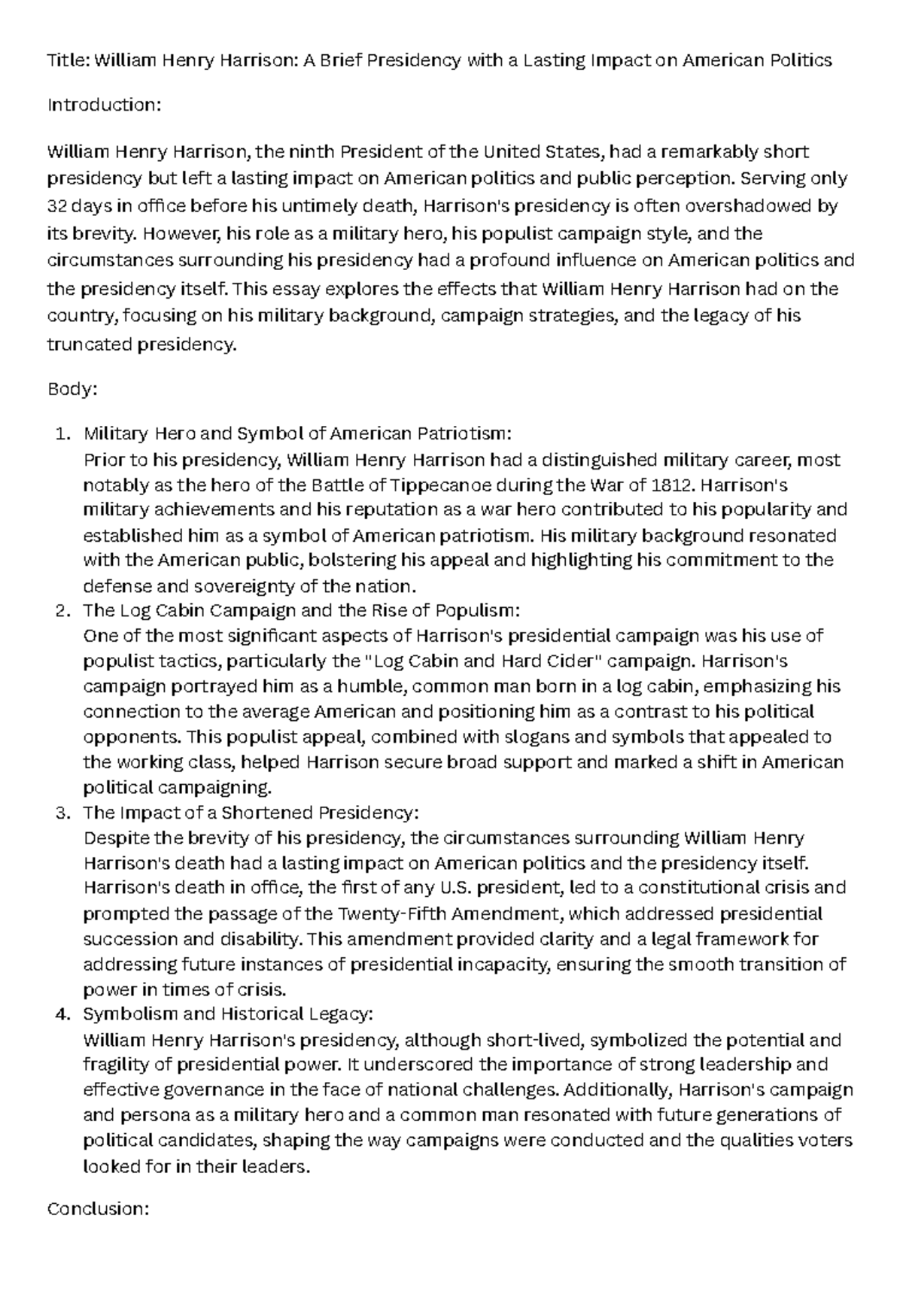 Title William Henry Harrison A Brief Presidency with a Lasting Impact ...