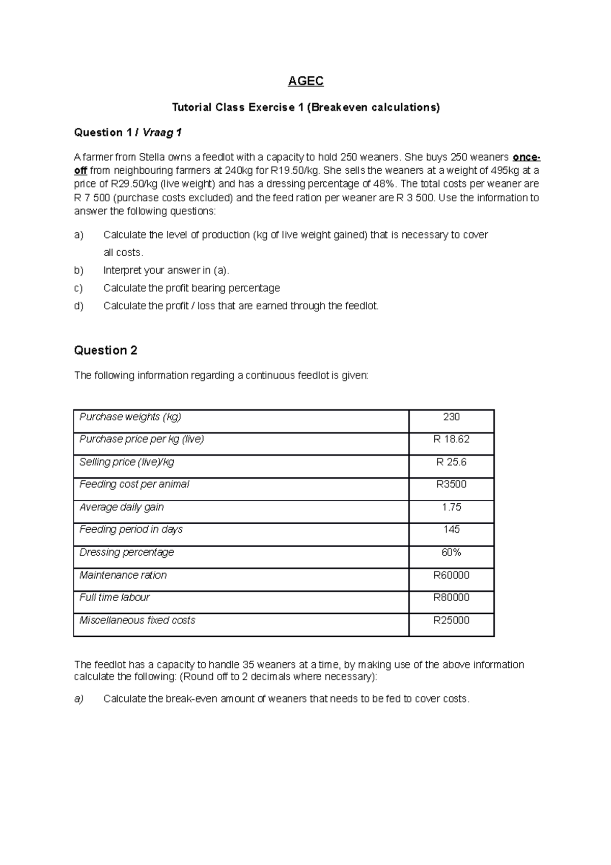Agec2614 Tutorial Class Exercises 1 Wth Agec Tutorial Class Exercise 1 Breakeven Calculations