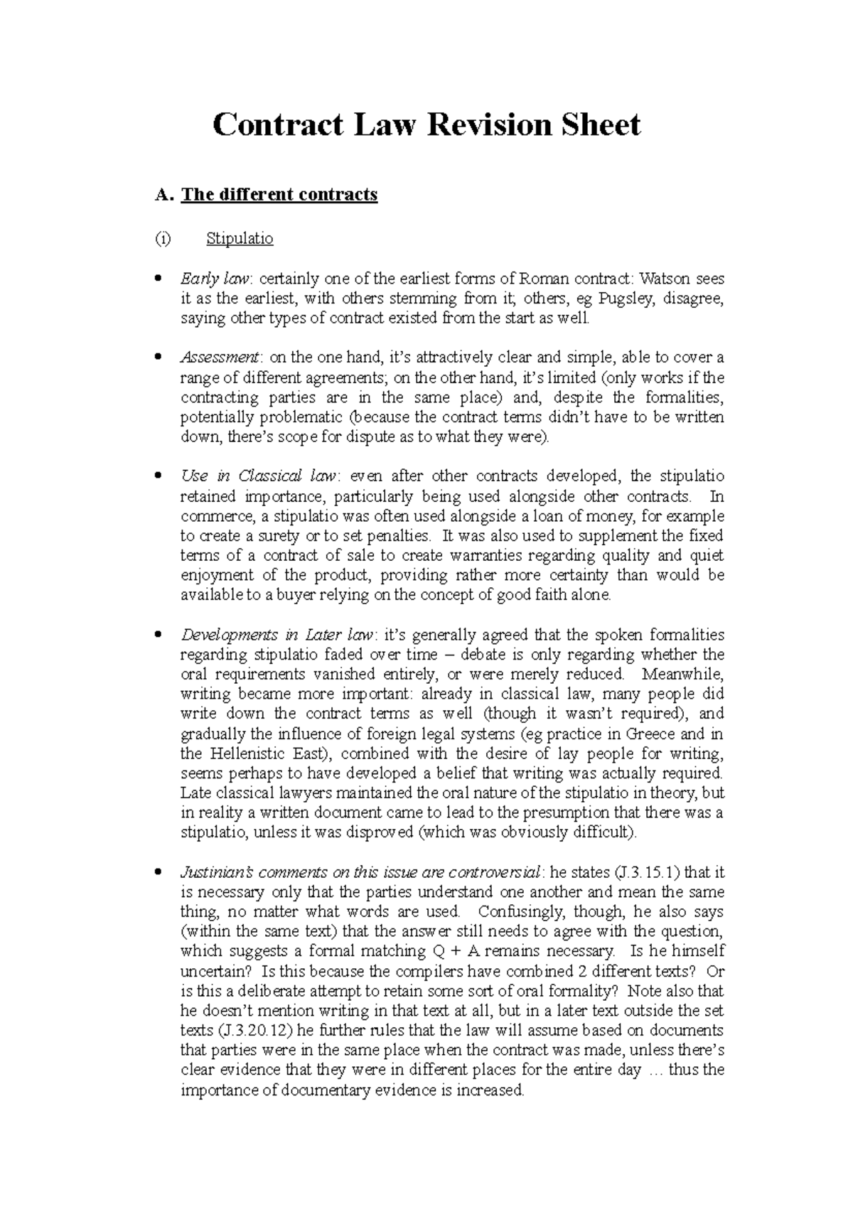 Contract Law Revision Sheet 2017 - The different contracts (i ...