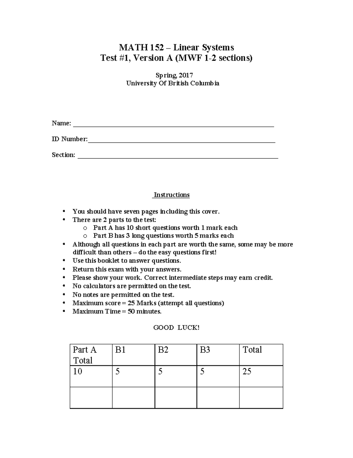 Test1A 2017 - Test 1 midterm - MATH 152 – Linear Systems Test #1 ...