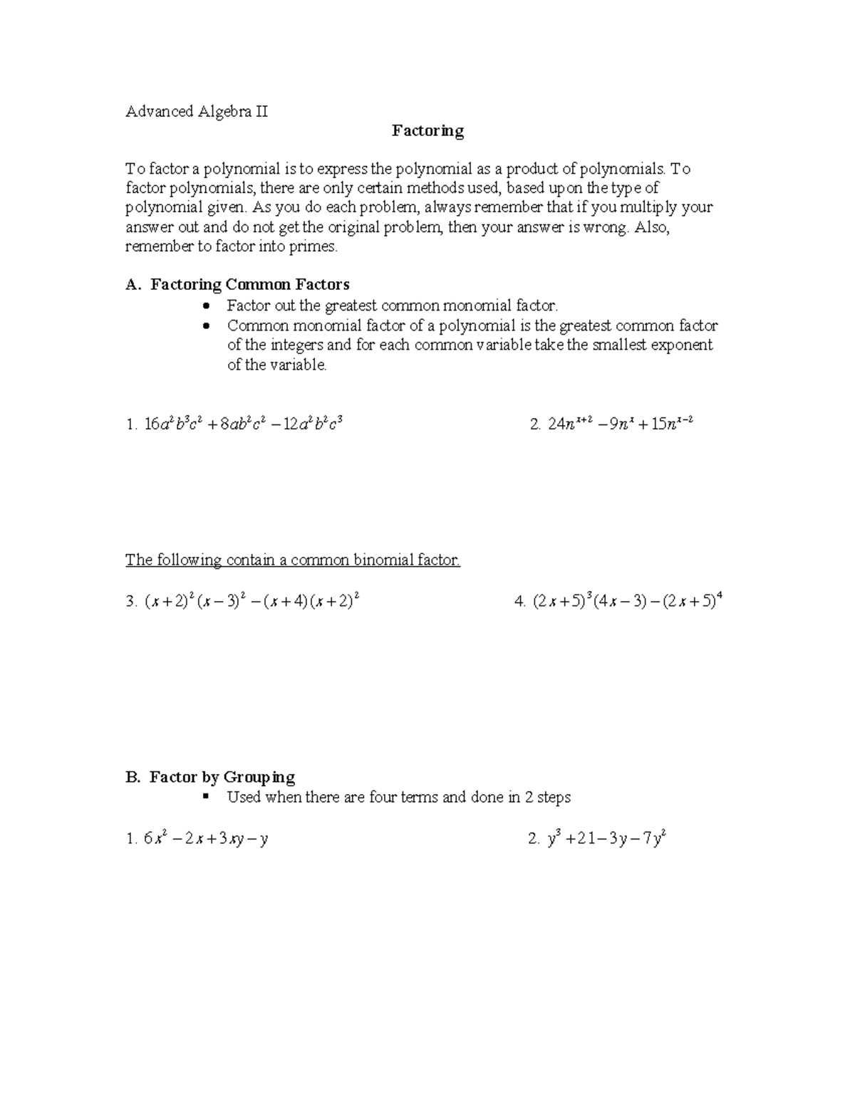 Factoring Handout 2022 - Advanced Algebra II Factoring To factor a ...