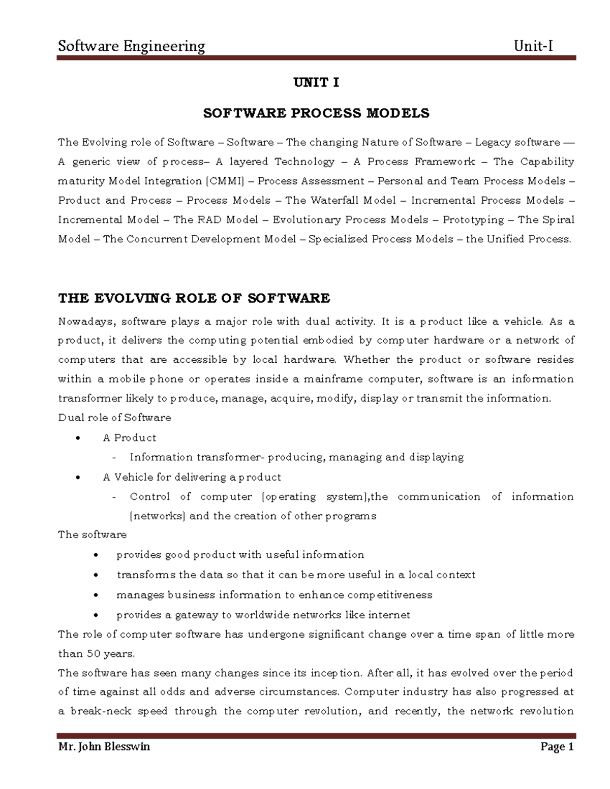 Unit I Full Notes - noters - UNIT I SOFTWARE PROCESS MODELS The ...