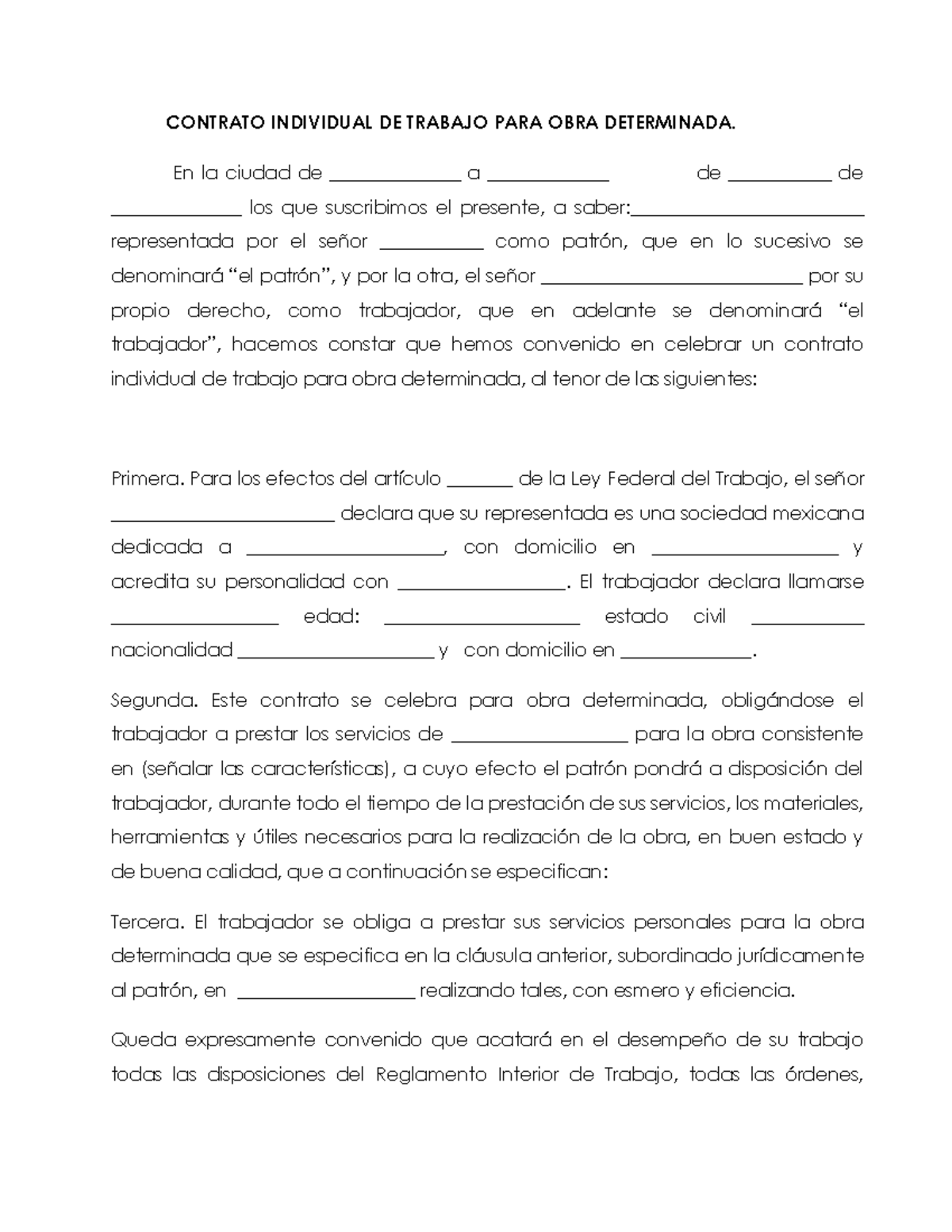 Contrato Individual DE Trabajo PARA OBRA Determinada II - CONTRATO INDIVIDUAL DE TRABAJO PARA ...