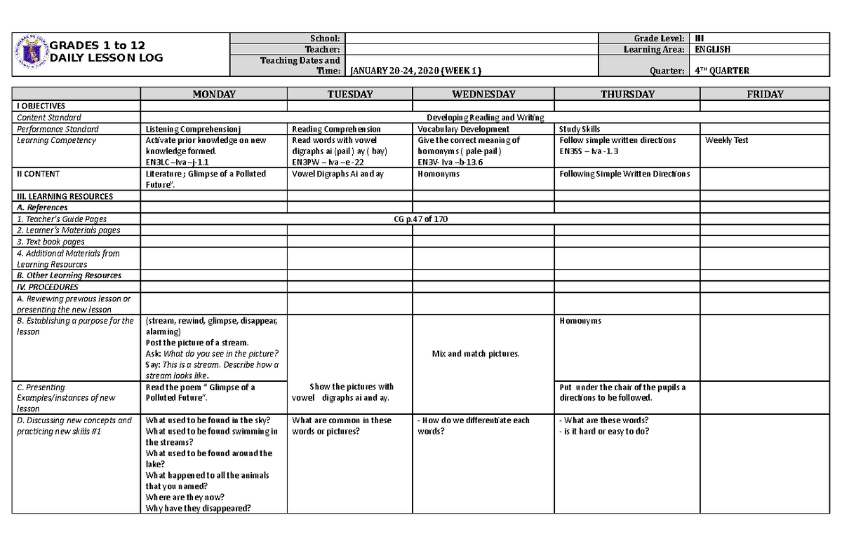 DLL English 3 Q4 W1 - DLL - GRADES 1 to 12 DAILY LESSON LOG School ...