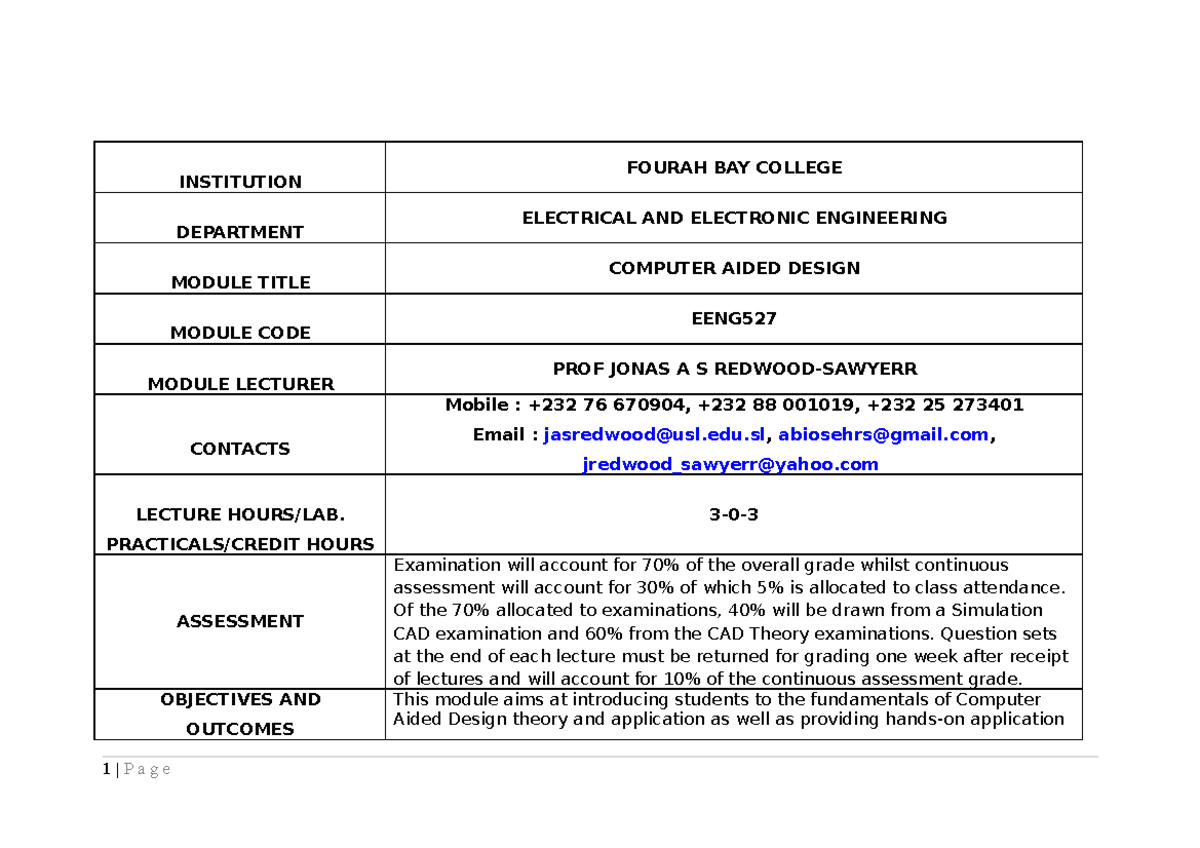 CAD EENG 527 Lecture Notes 04 Rev - INSTITUTION FOURAH BAY COLLEGE ...