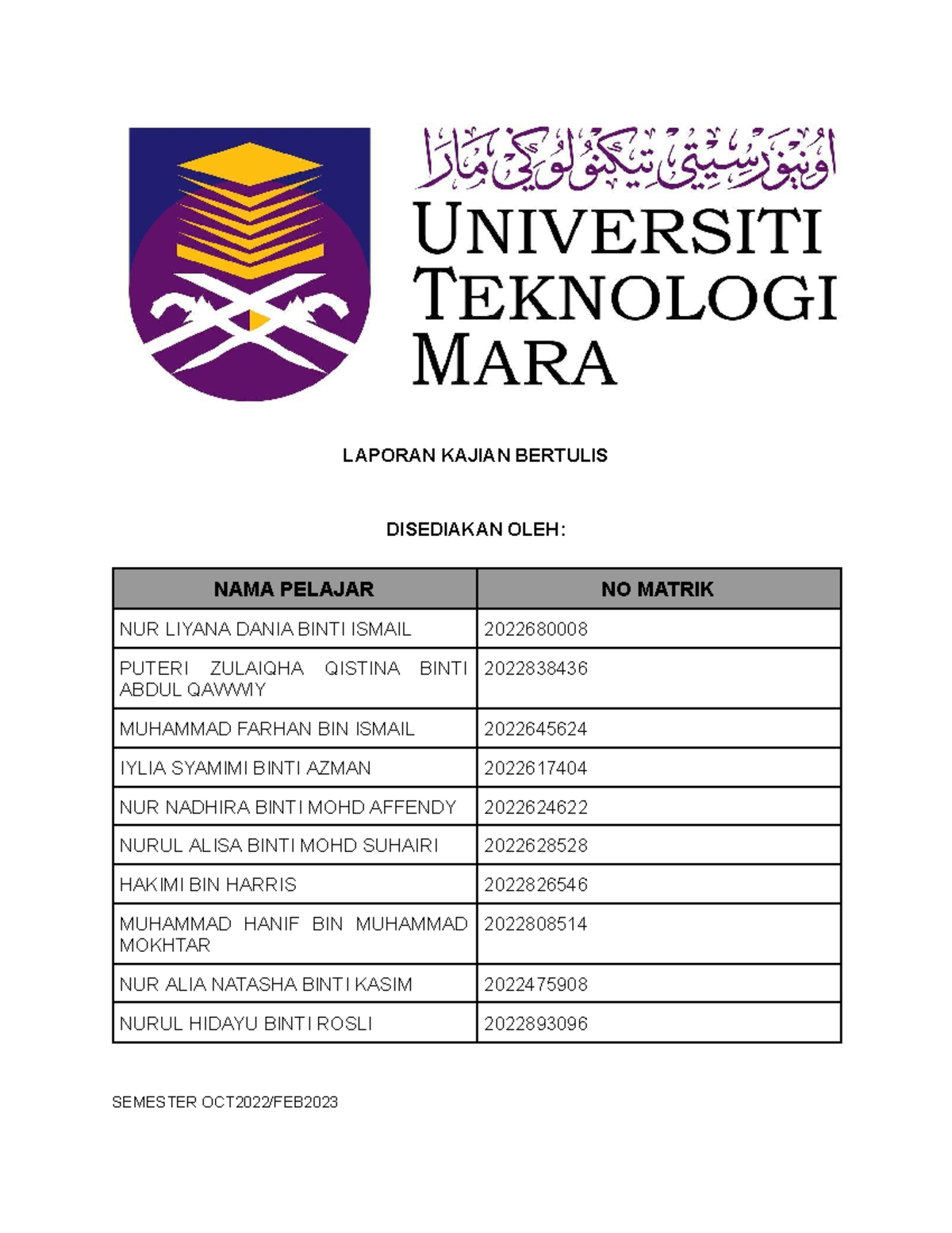 Hbu - assignment - LAPORAN KAJIAN BERTULIS DISEDIAKAN OLEH: NAMA ...