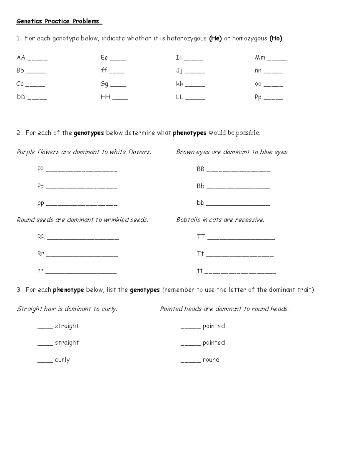 Genetics Practice Problems - For each of the genotypes below determine ...