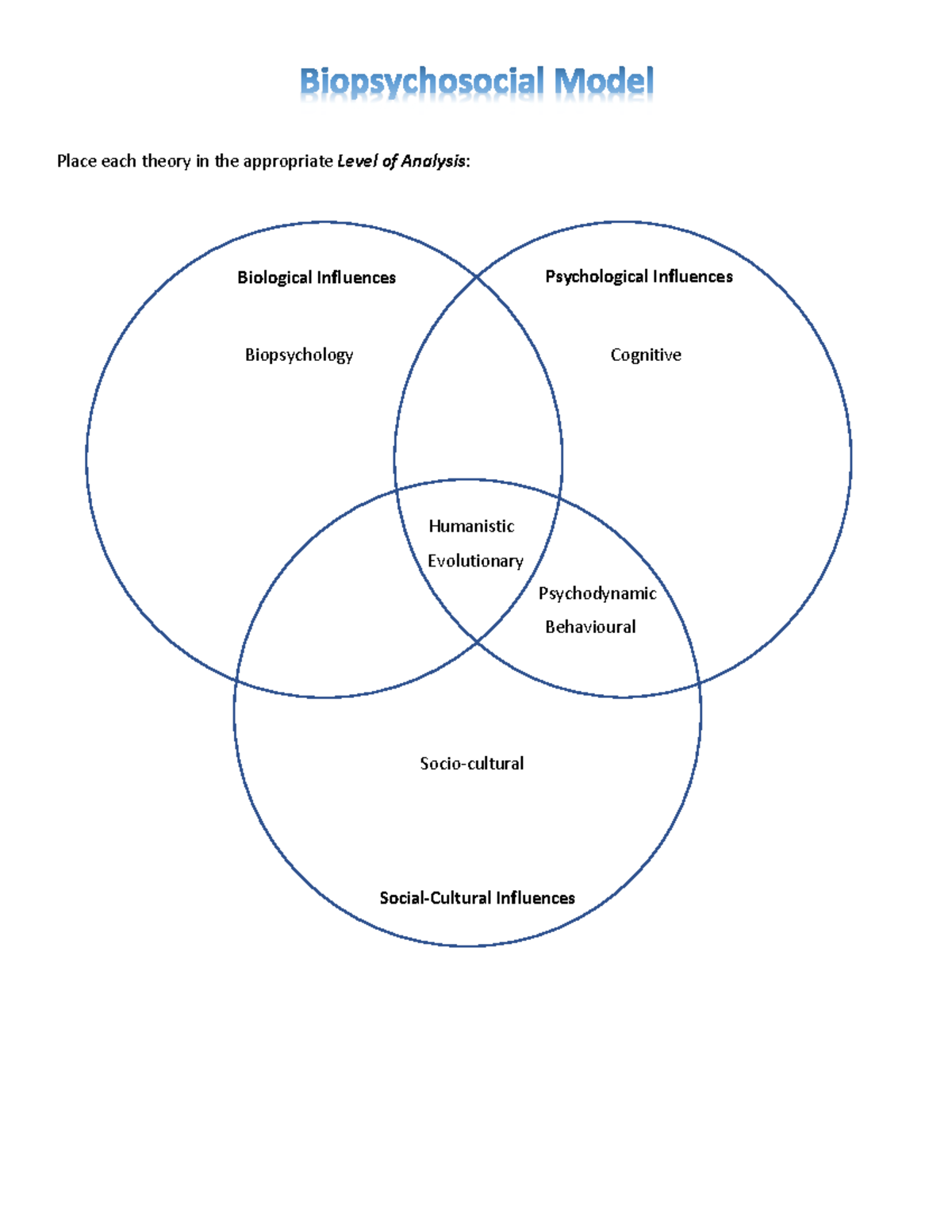 Biopsychosocial model assignment - Place each theory in the appropriate ...