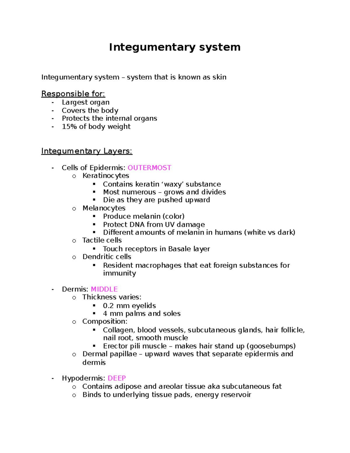 Notes - Integumentary System - Integumentary system Integumentary ...