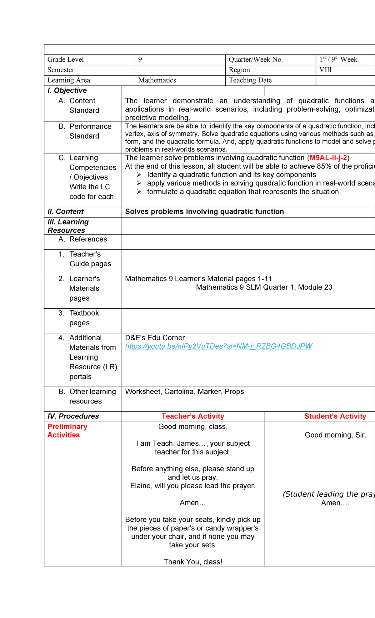 7E's Draft( Activity) - Grade Level 9 Quarter/Week No. 1 st / 9 th Week ...