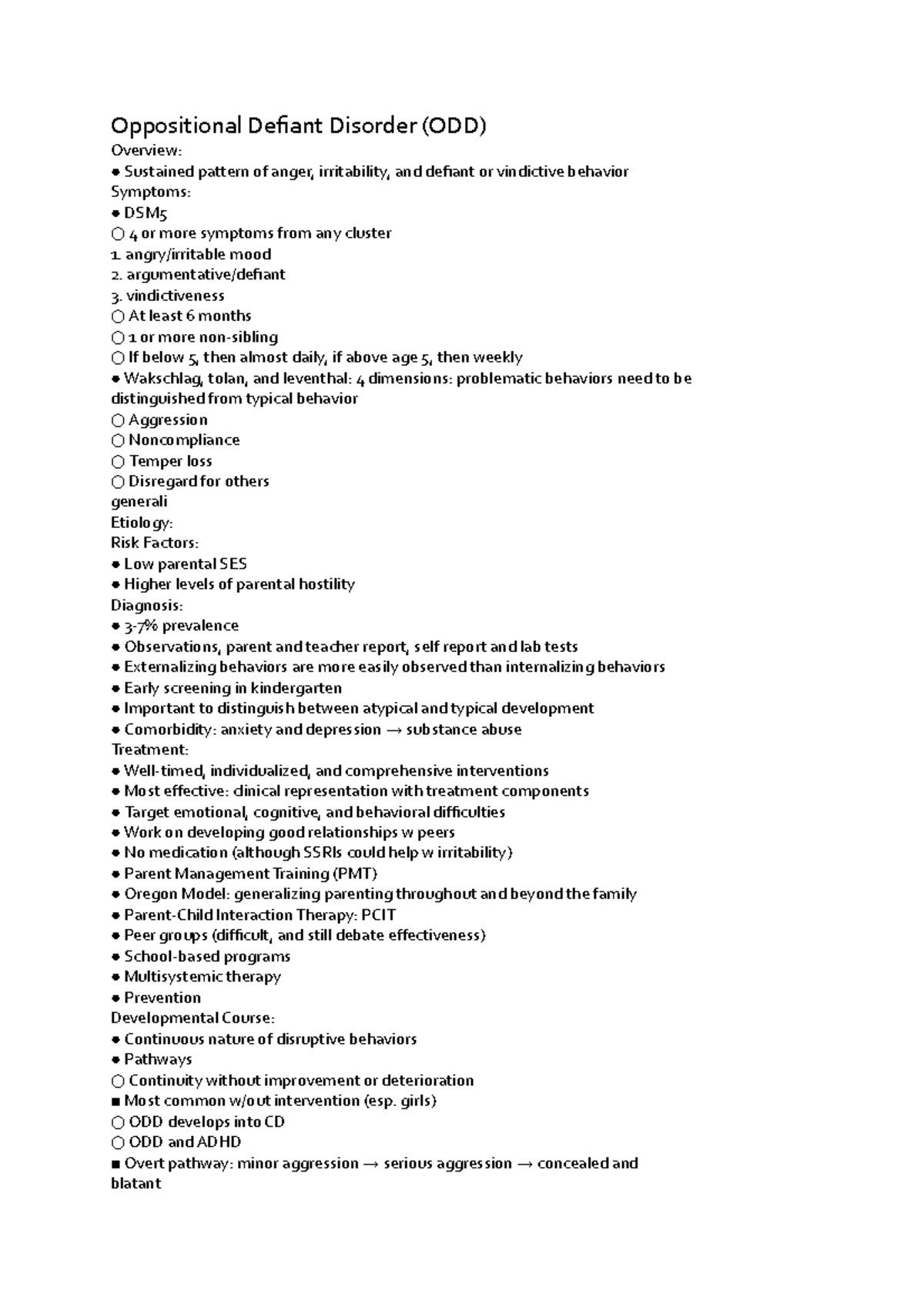 Oppositional Defiant Disorder - girls) ODD develops into CD ODD and ...