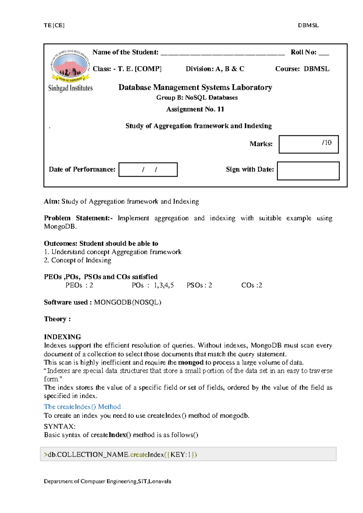 DBMS Assignment No11 - Dbms - TE [CE] DBMSL Department of Computer Engineering,SIT,Lonavala Aim ...