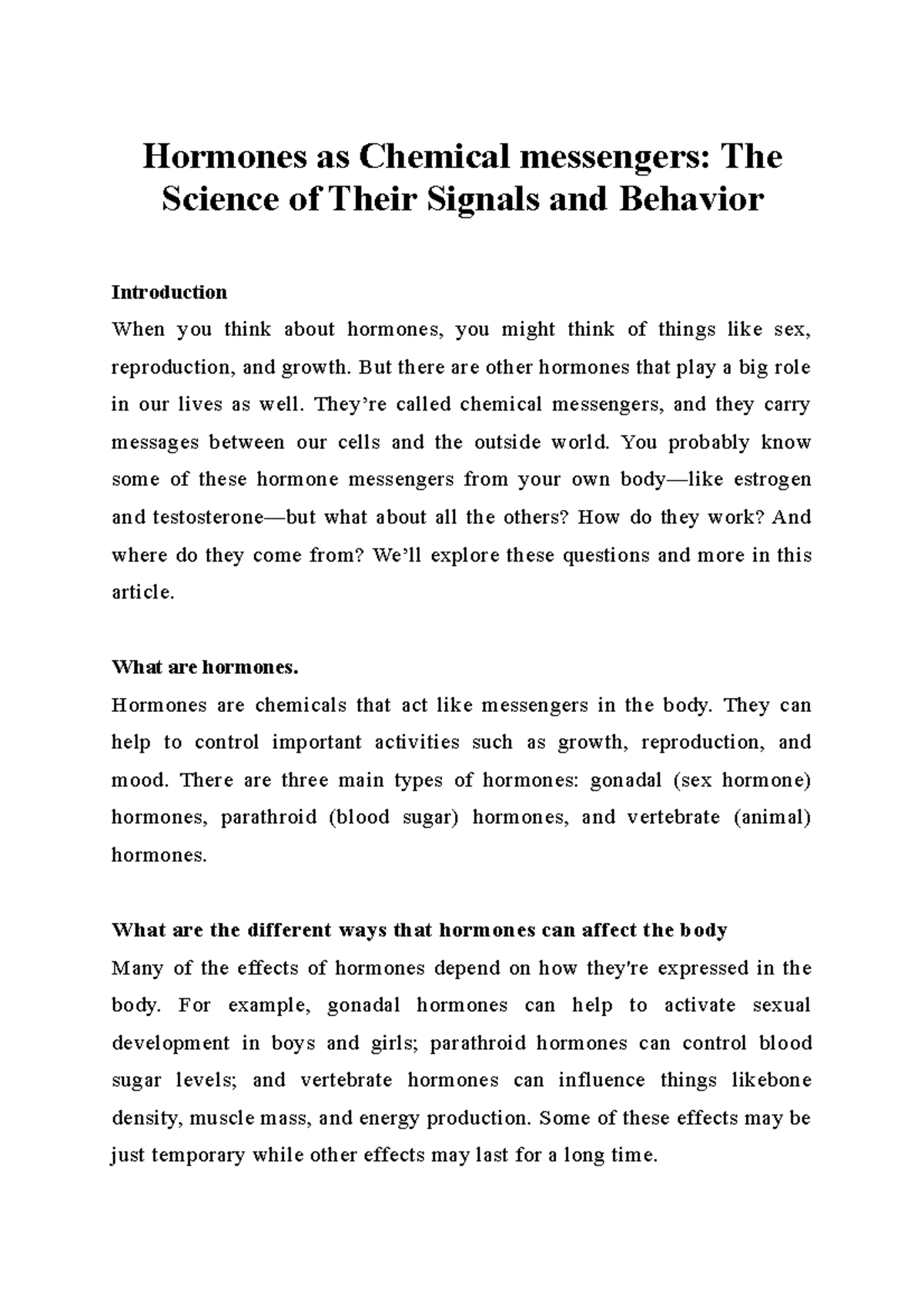 Hormones as Chemical messengers: The Science of Their Signals and ...