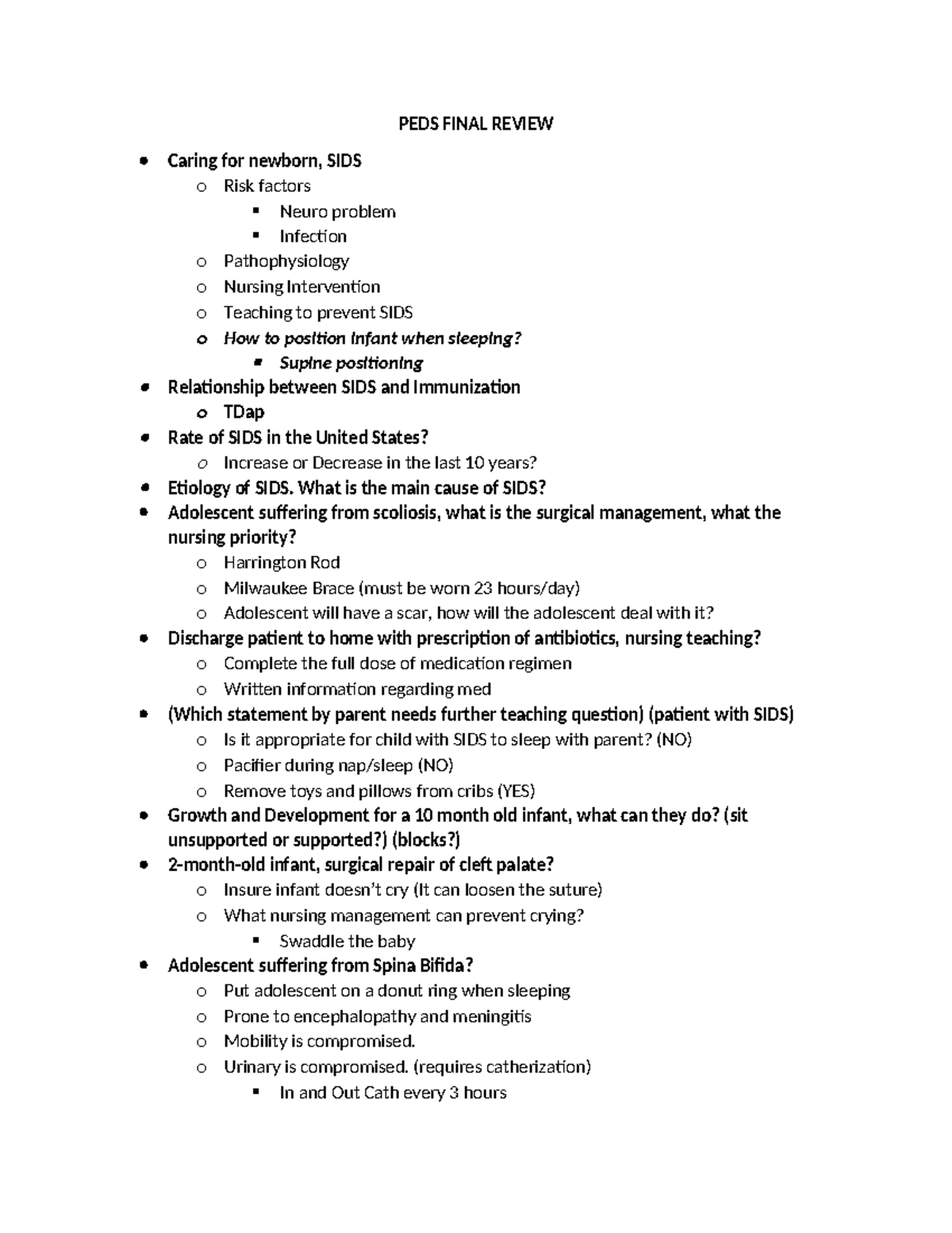 PEDS Final Review - Summary Family Health Concepts II PEDS - PEDS FINAL ...