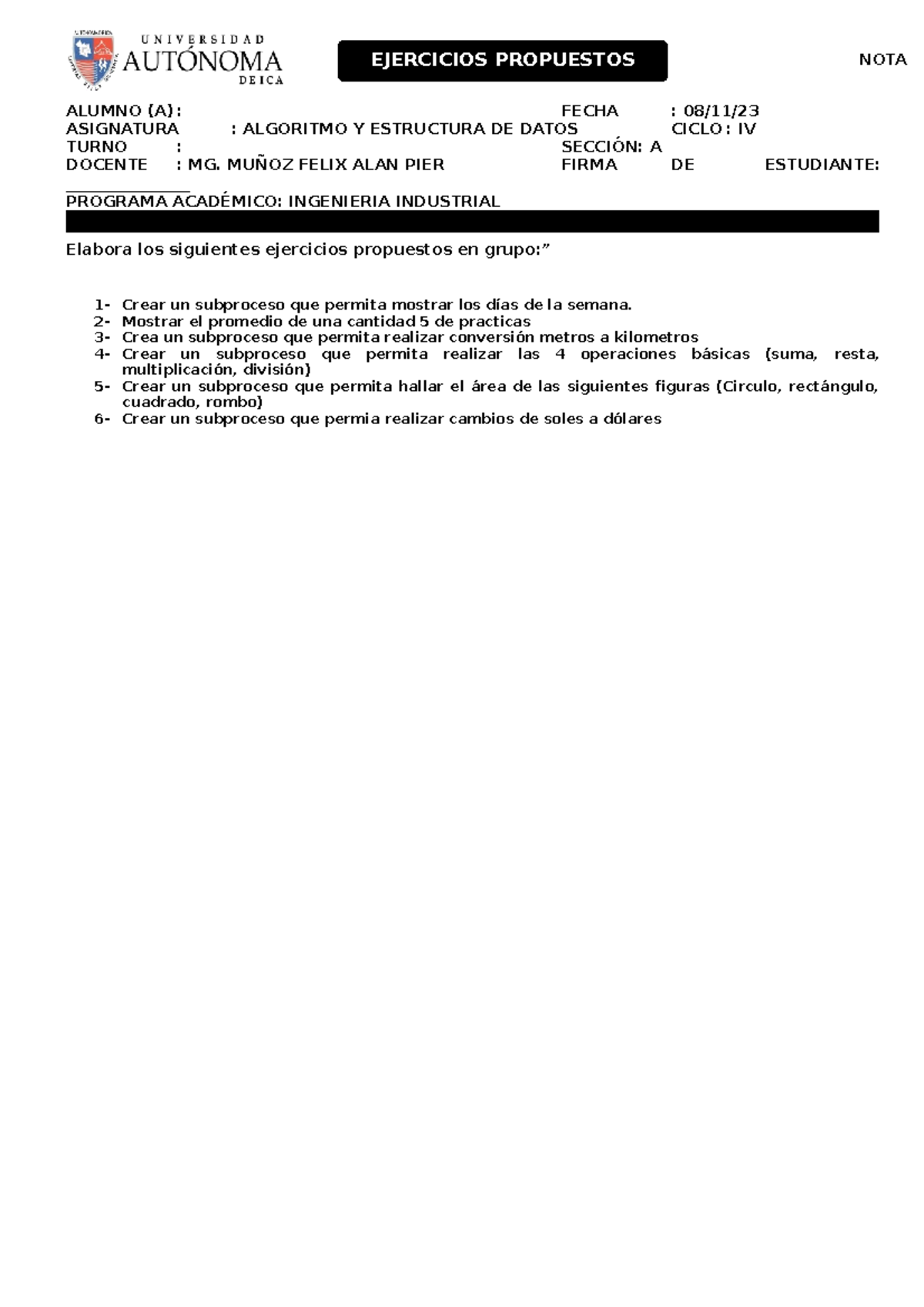 Ejercicos propuestos programación modular - ALUMNO (A) : FECHA : 08/11 ...